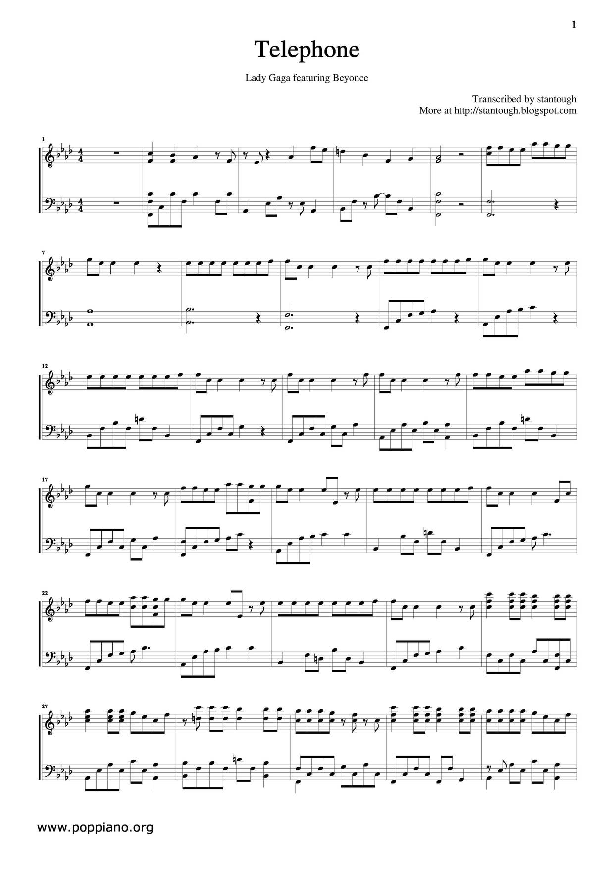 Lady Gaga, Beyonce-Telephone Sheet Music pdf, - Free Score Download ★