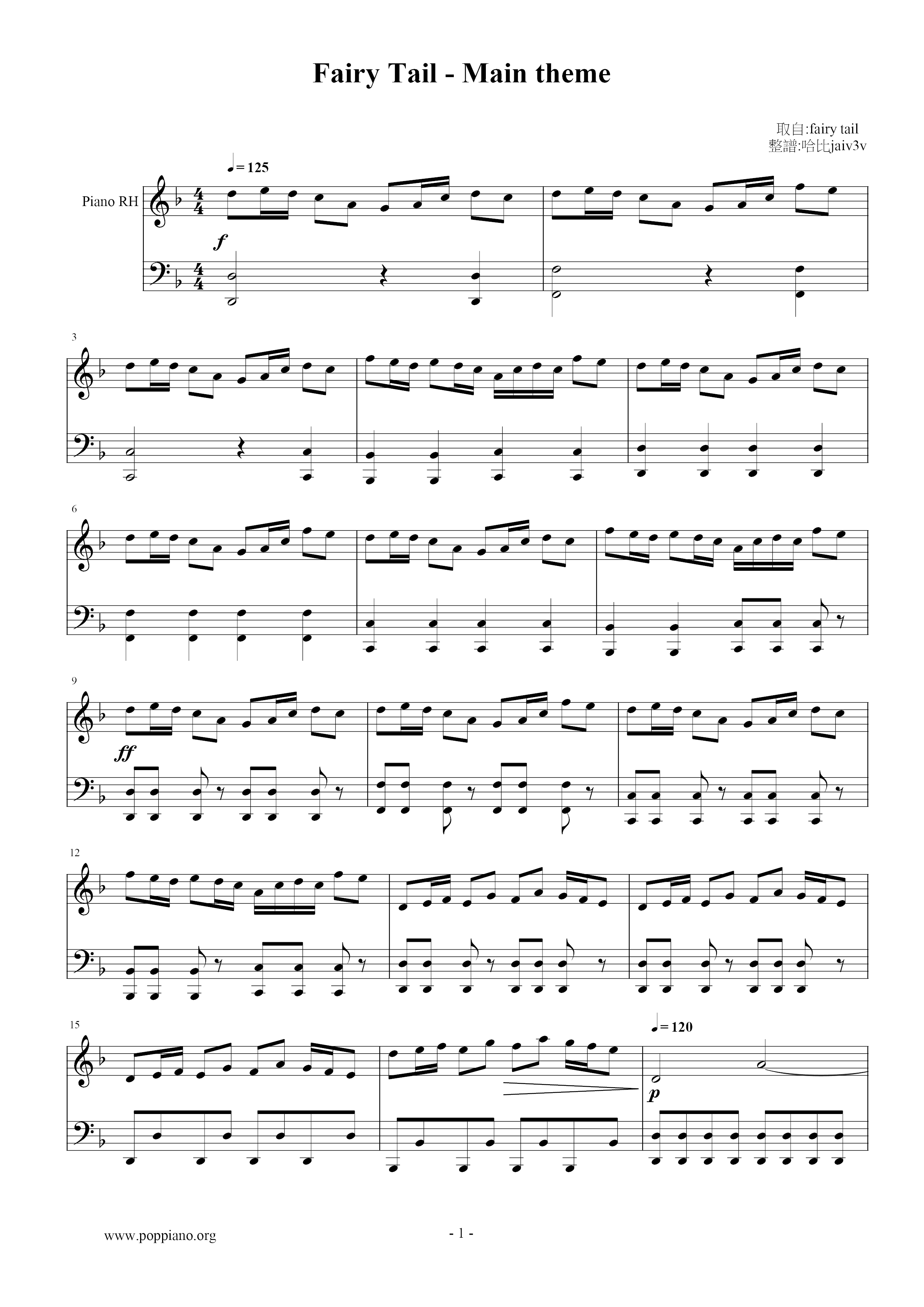 ★妖精的尾巴 - Fairy Tail Main Theme ピアノ譜pdf- 香港ポップピアノ協会 無料PDF楽譜ダウンロード gakufu