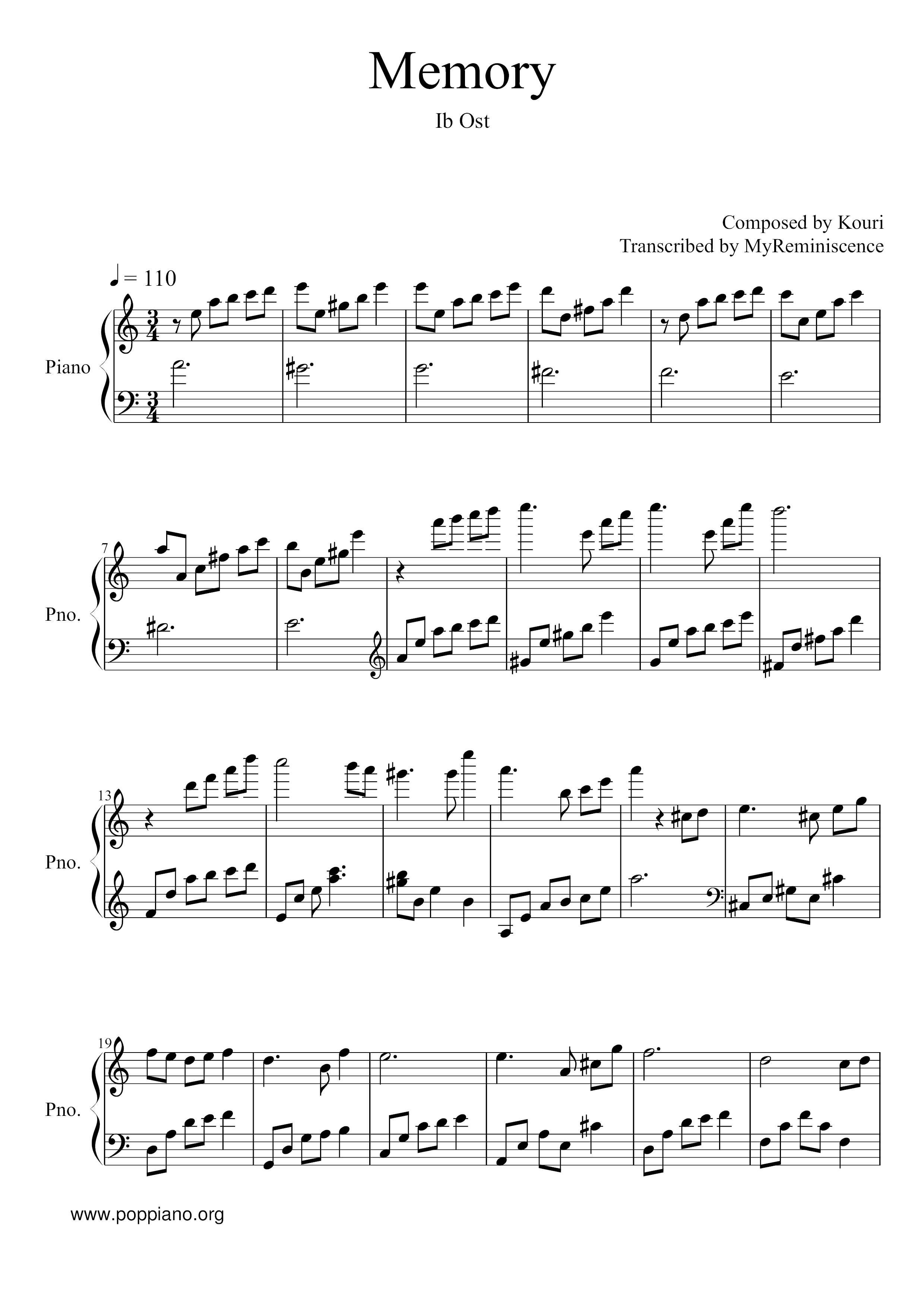 IB 恐怖美術館 主題曲-Memory Sheet Music pdf, - Free Score Download ★
