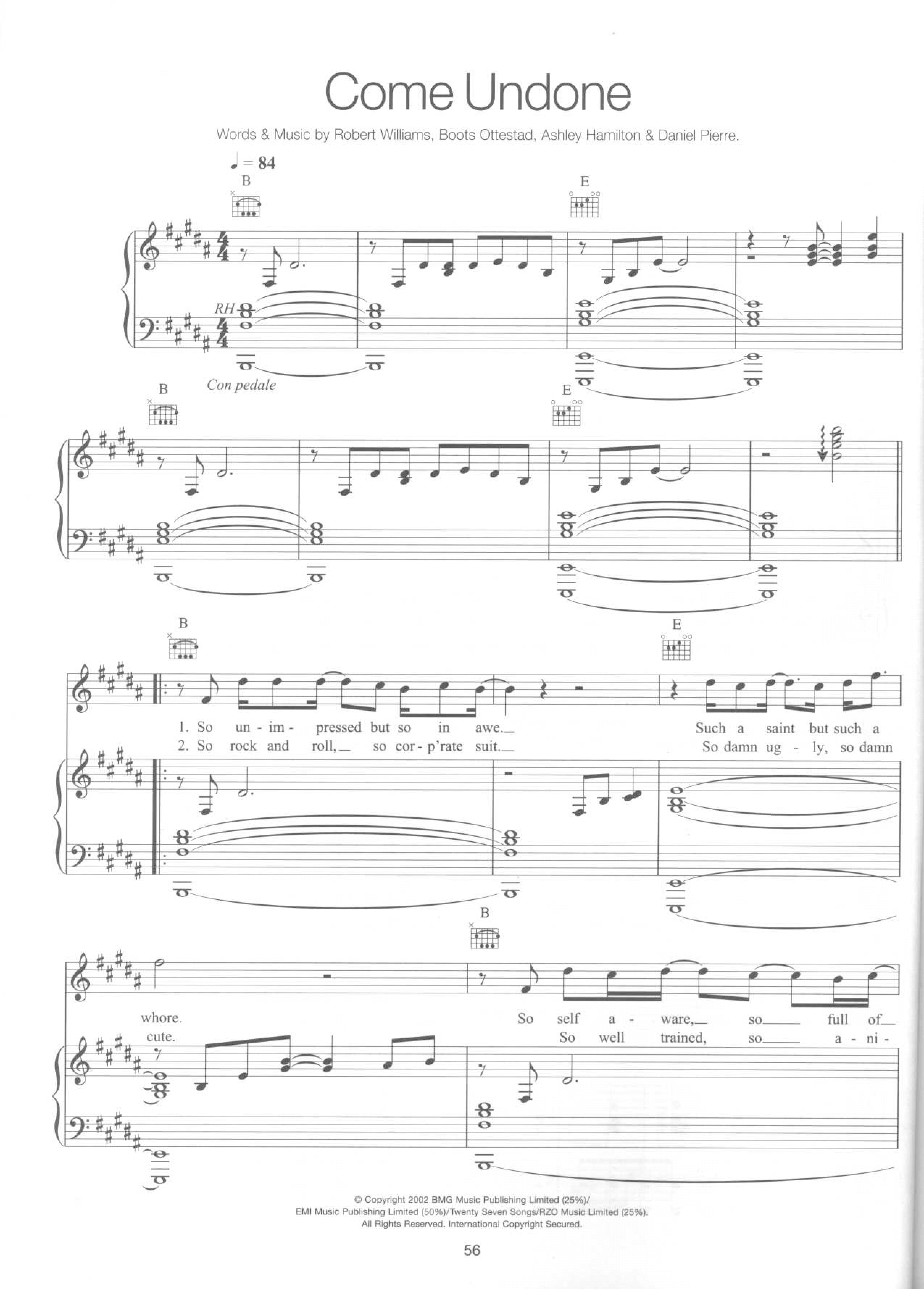 Robbie Williams-Come Undone Sheet Music pdf, - Free Score Download ★