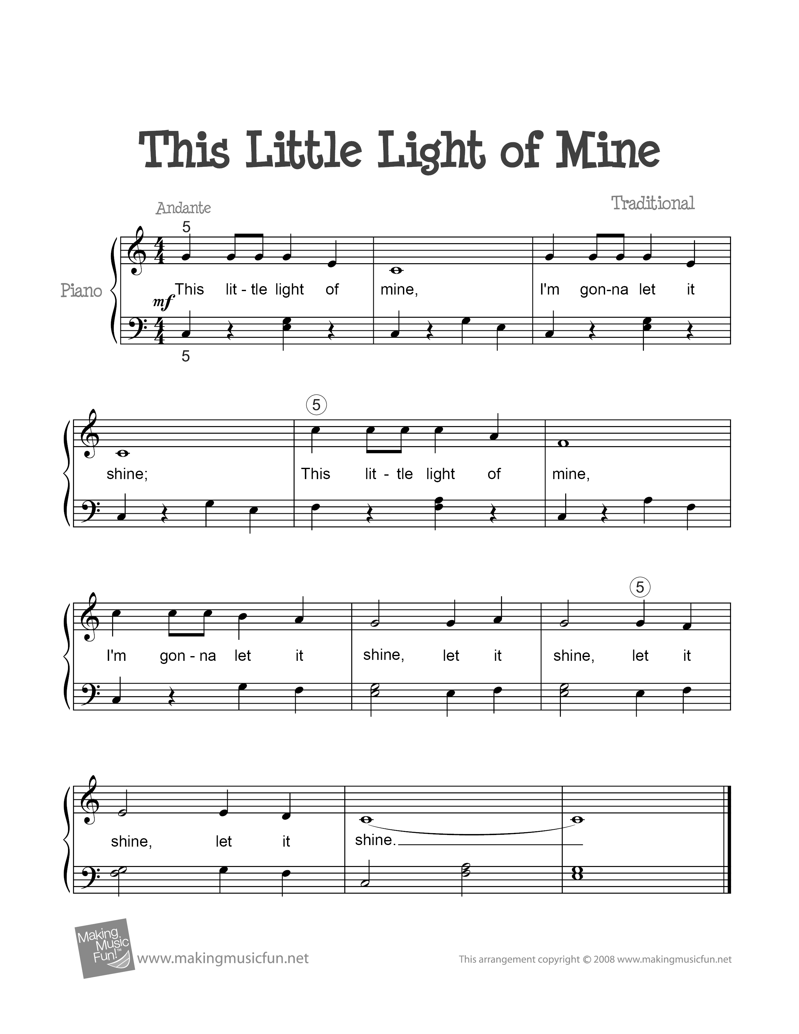 Kids-This Little Light of Mine 琴谱/五线谱pdf (童謡)-香港流行钢琴协会琴谱下载 ★
