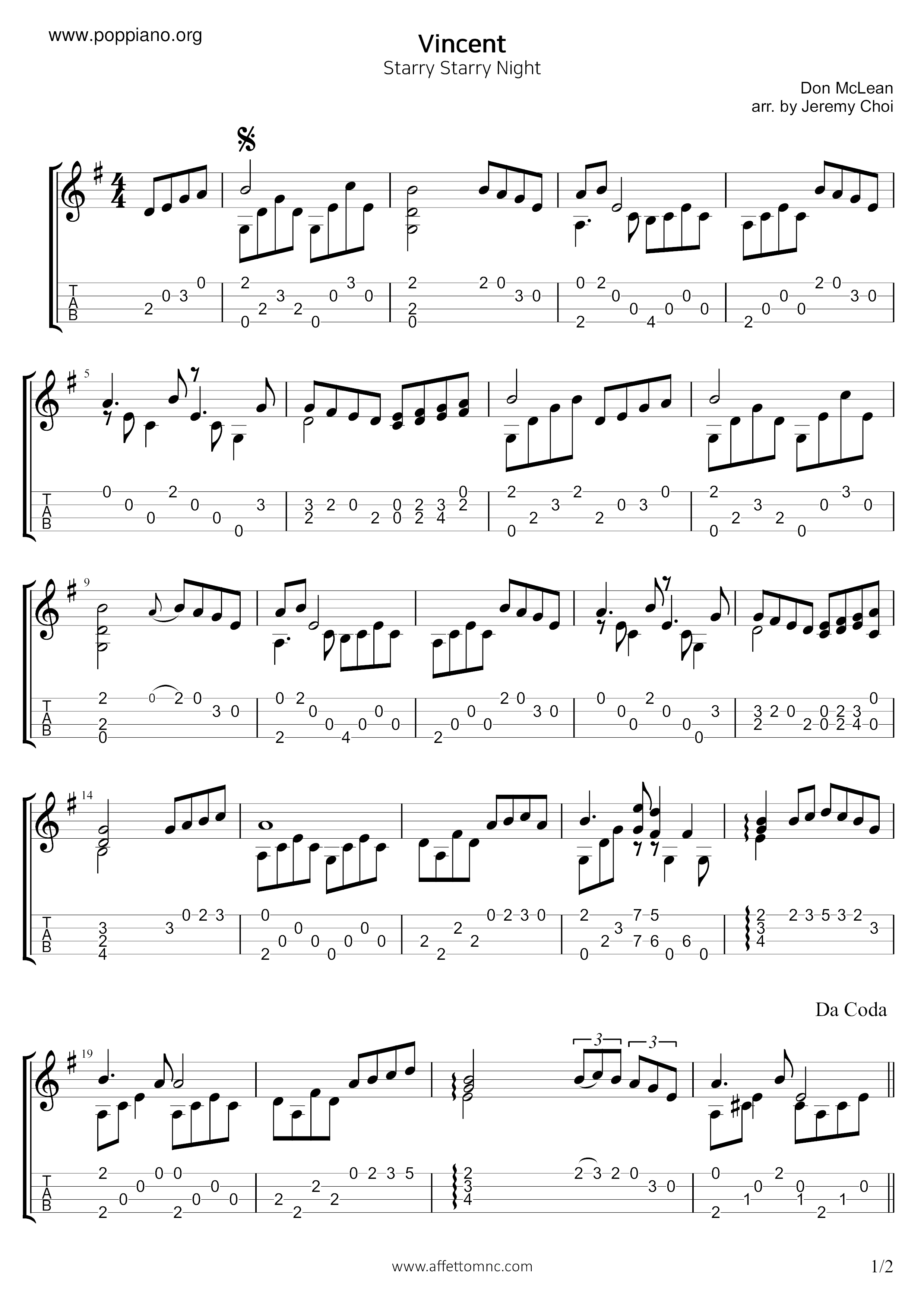 Don Mclean-VINCENT Guitar Sheet pdf, - Free Score Download ★