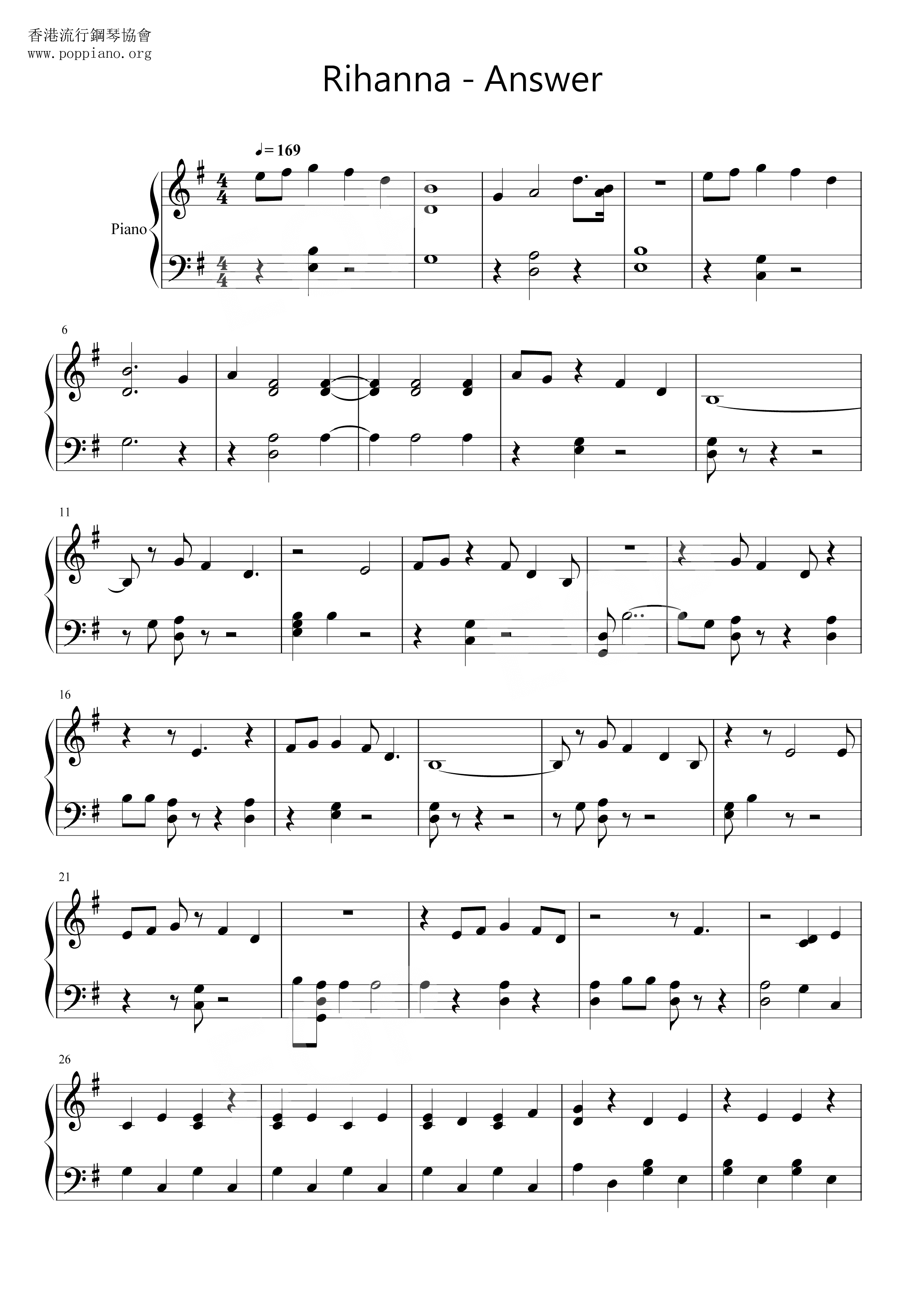 Rihanna-Answer Sheet Music pdf, - Free Score Download ★
