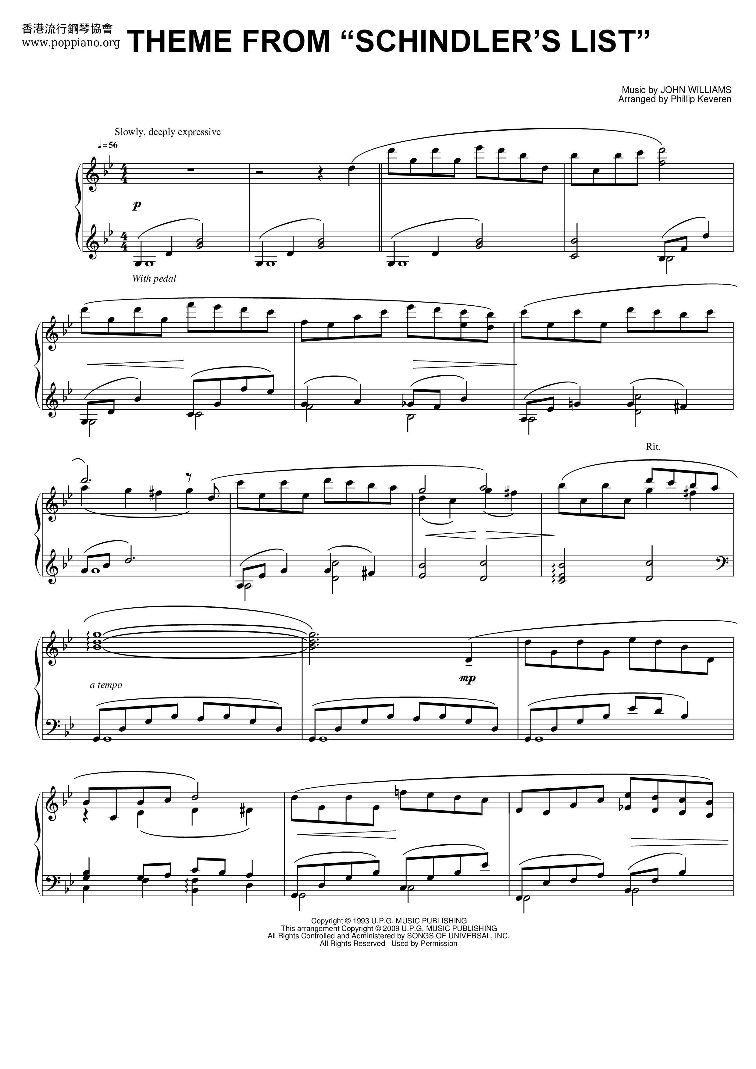 John Williams-Theme From Schindler's List Sheet Music pdf, -辛德勒的名單 楽譜 - Free Score Download ★