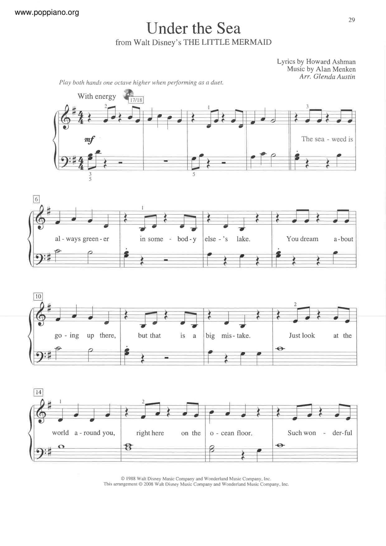 The Little Mermaid-Under The Sea Sheet Music pdf, - Free Score Download ★