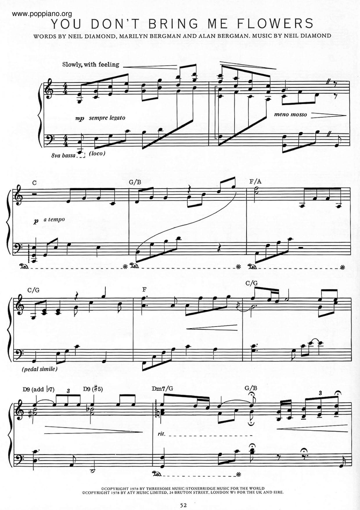 Neil Diamond, Barbra Streisand-You Don't Bring Me Flowers Sheet Music ...