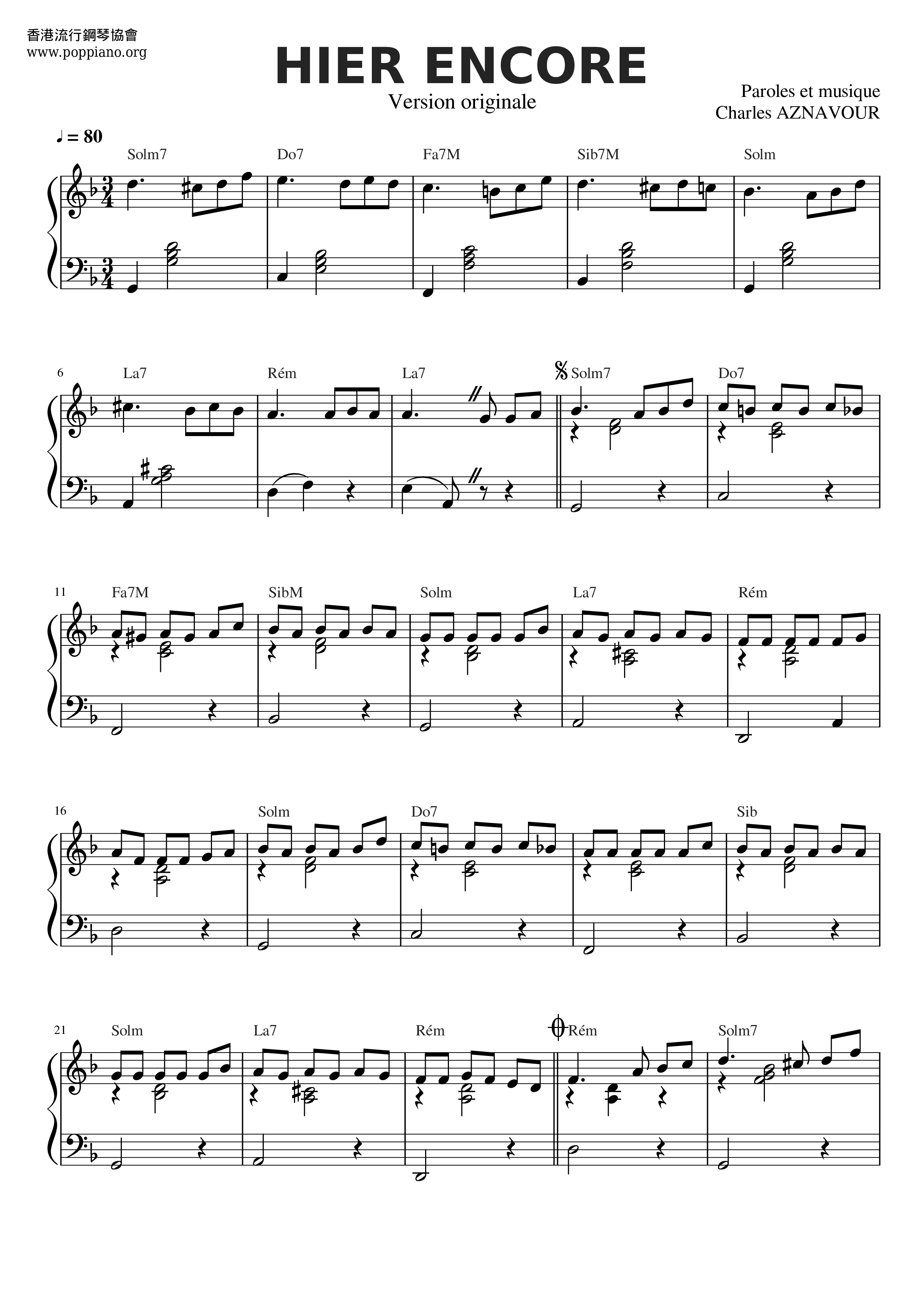 Charles Aznavour-Hier Encore Sheet Music pdf, - Free Score Download ★