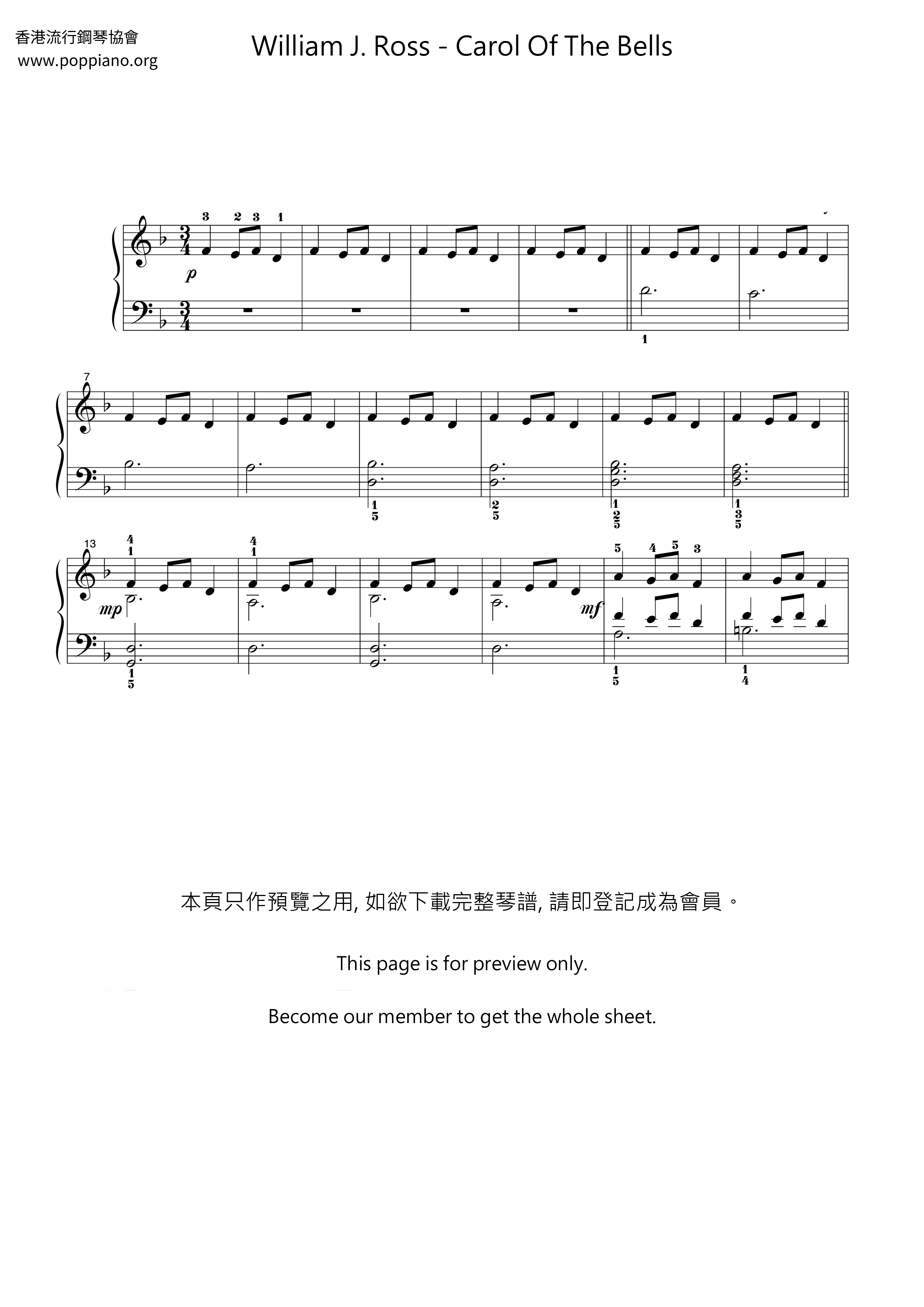 William J. Ross-Carol Of The Bells Sheet Music pdf, - Free Score Download ★