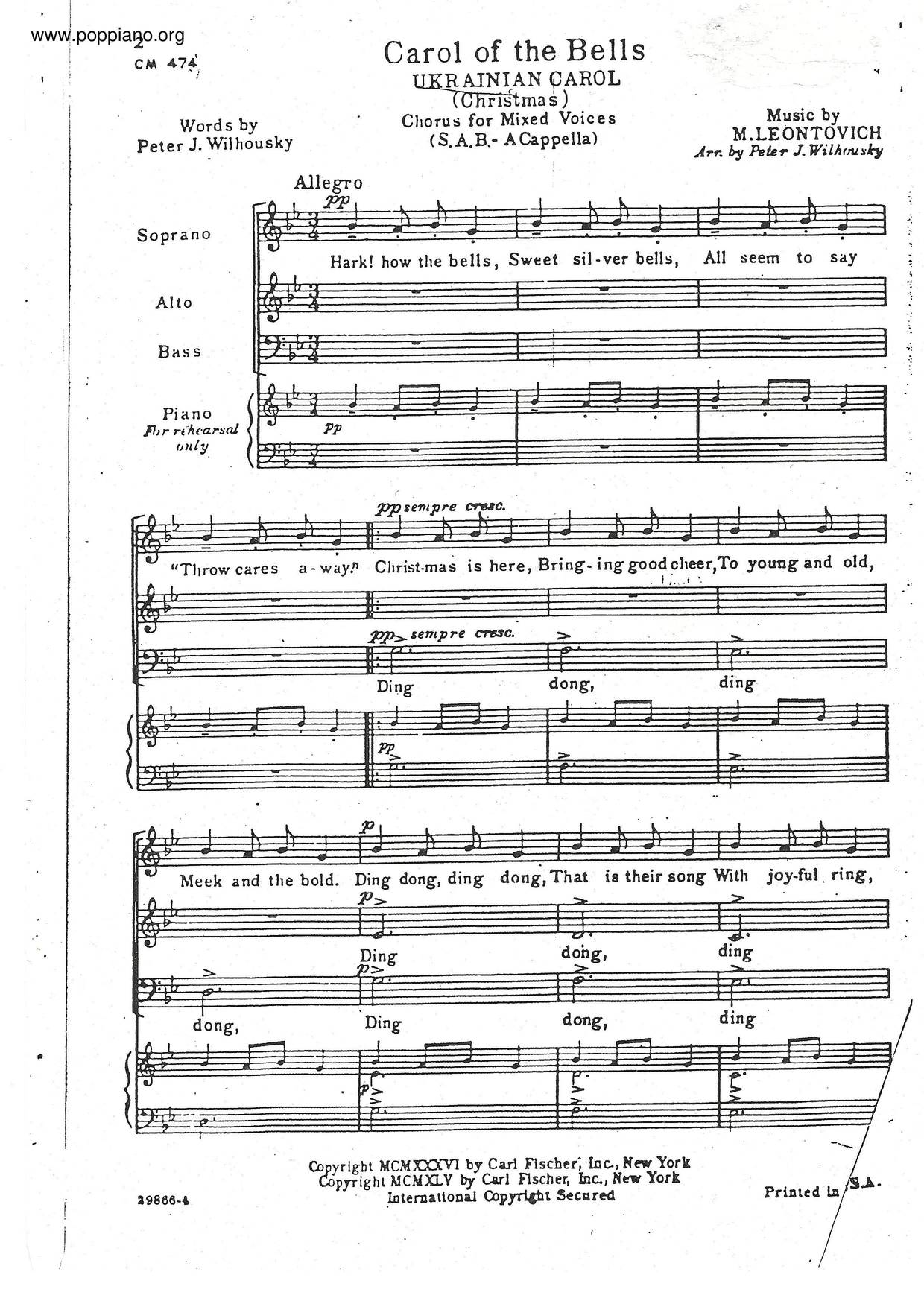 William J. Ross-Carol Of The Bells Sheet Music pdf, - Free Score Download ★
