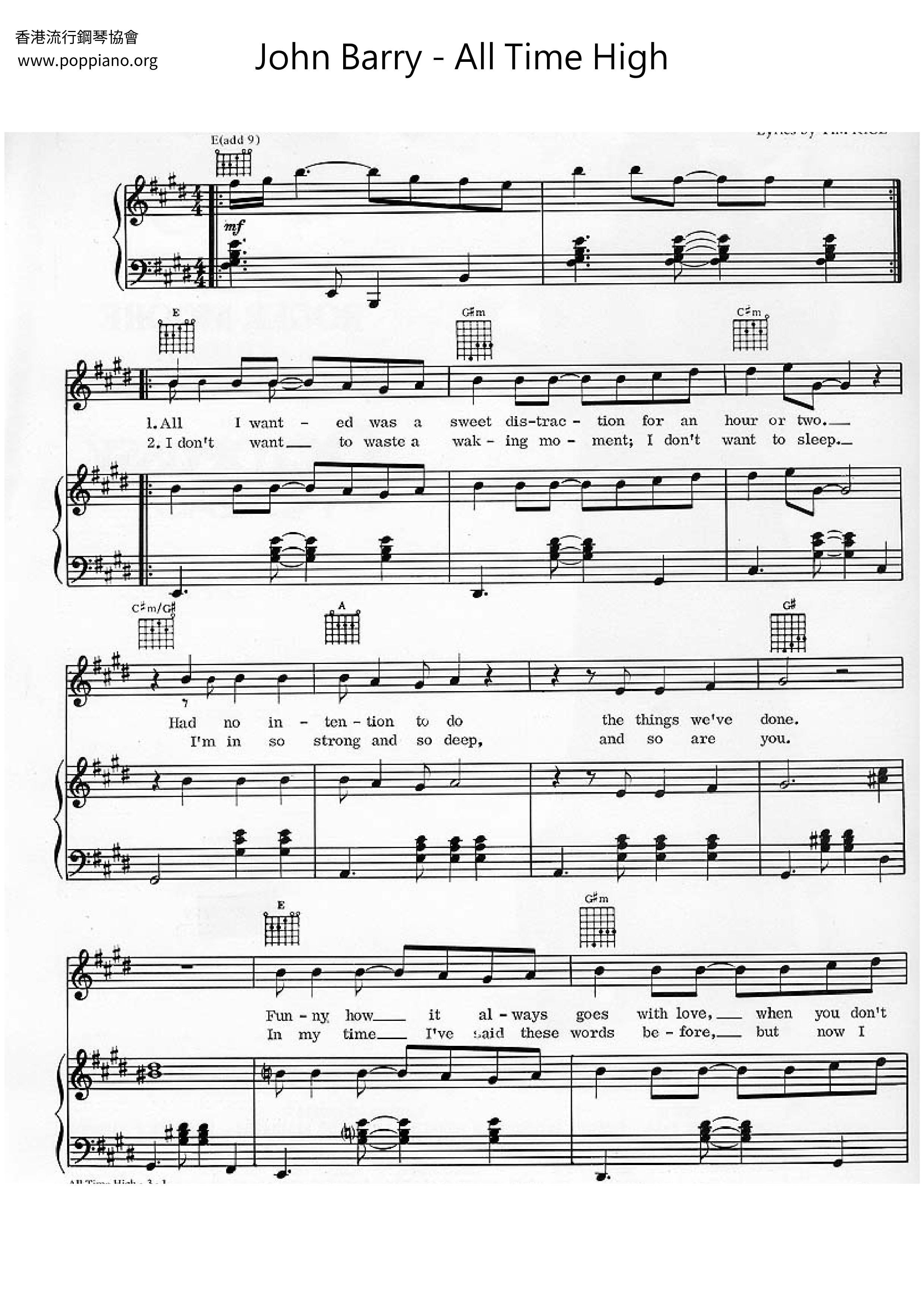 John Barry-All Time High Sheet Music pdf, - Free Score Download ★