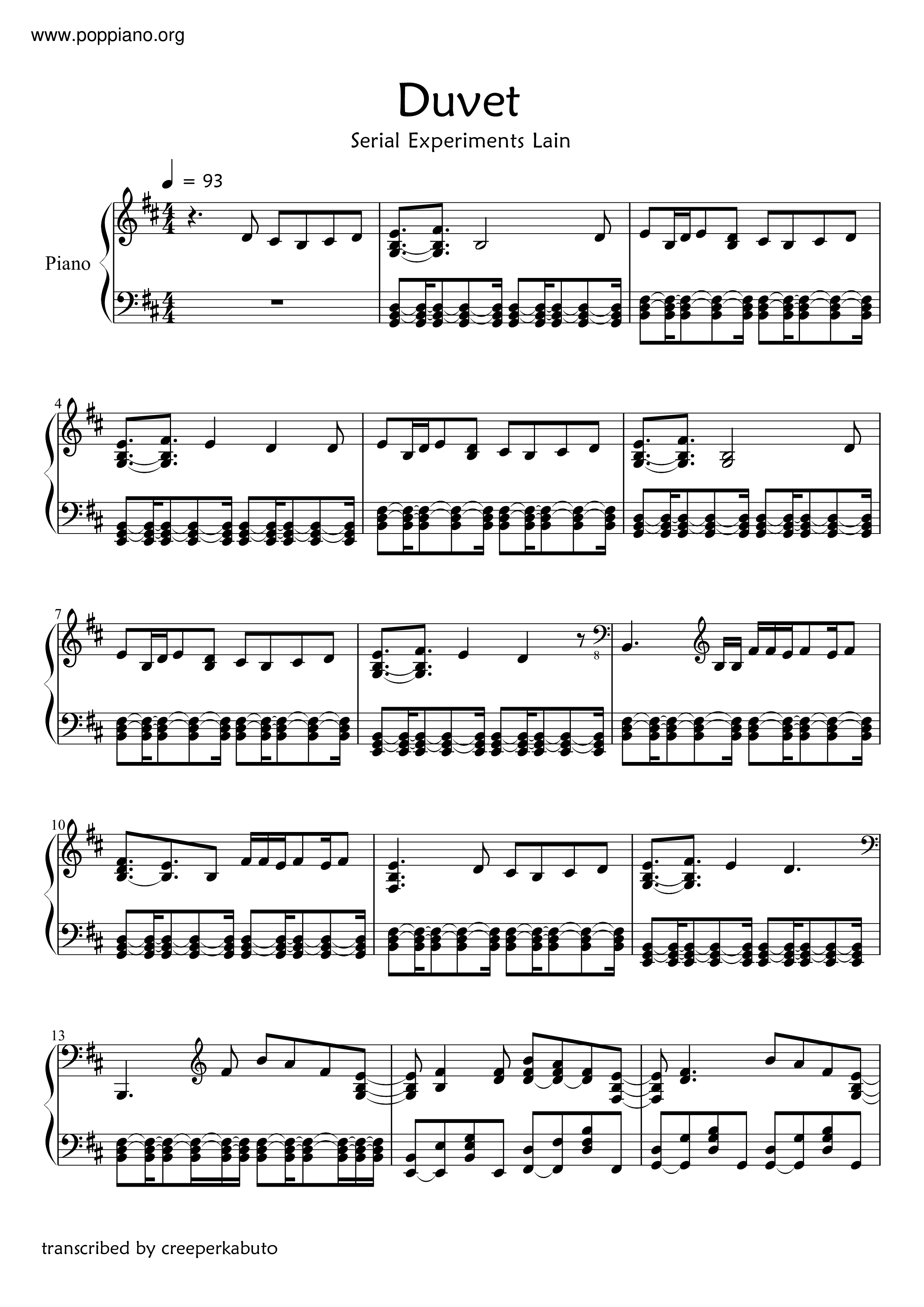 Serial Experiments Lain-Duvet 琴谱/五线谱pdf-香港流行钢琴协会琴谱下载 ★