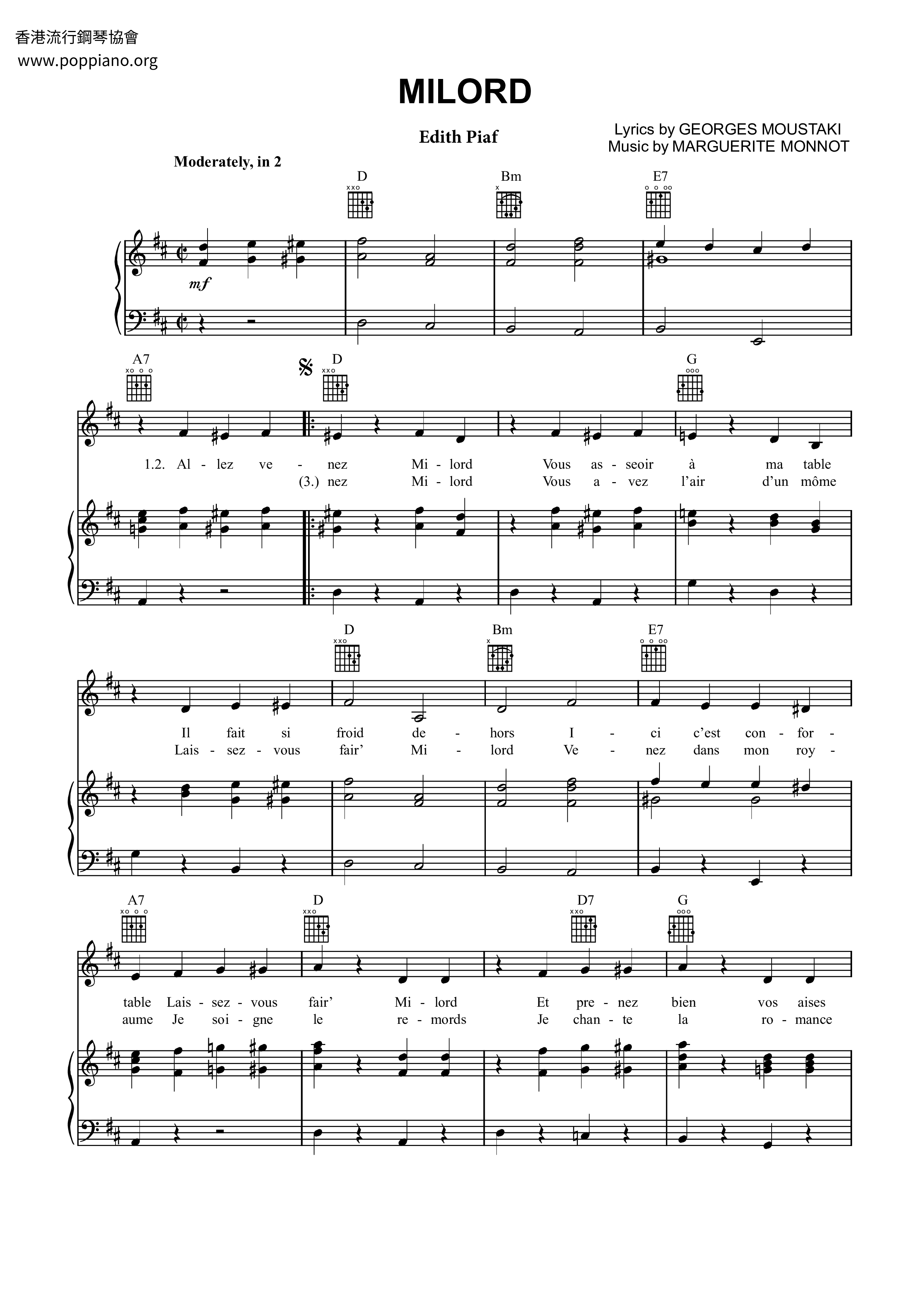 Edith Piaf-Milord Sheet Music pdf, - Free Score Download ★
