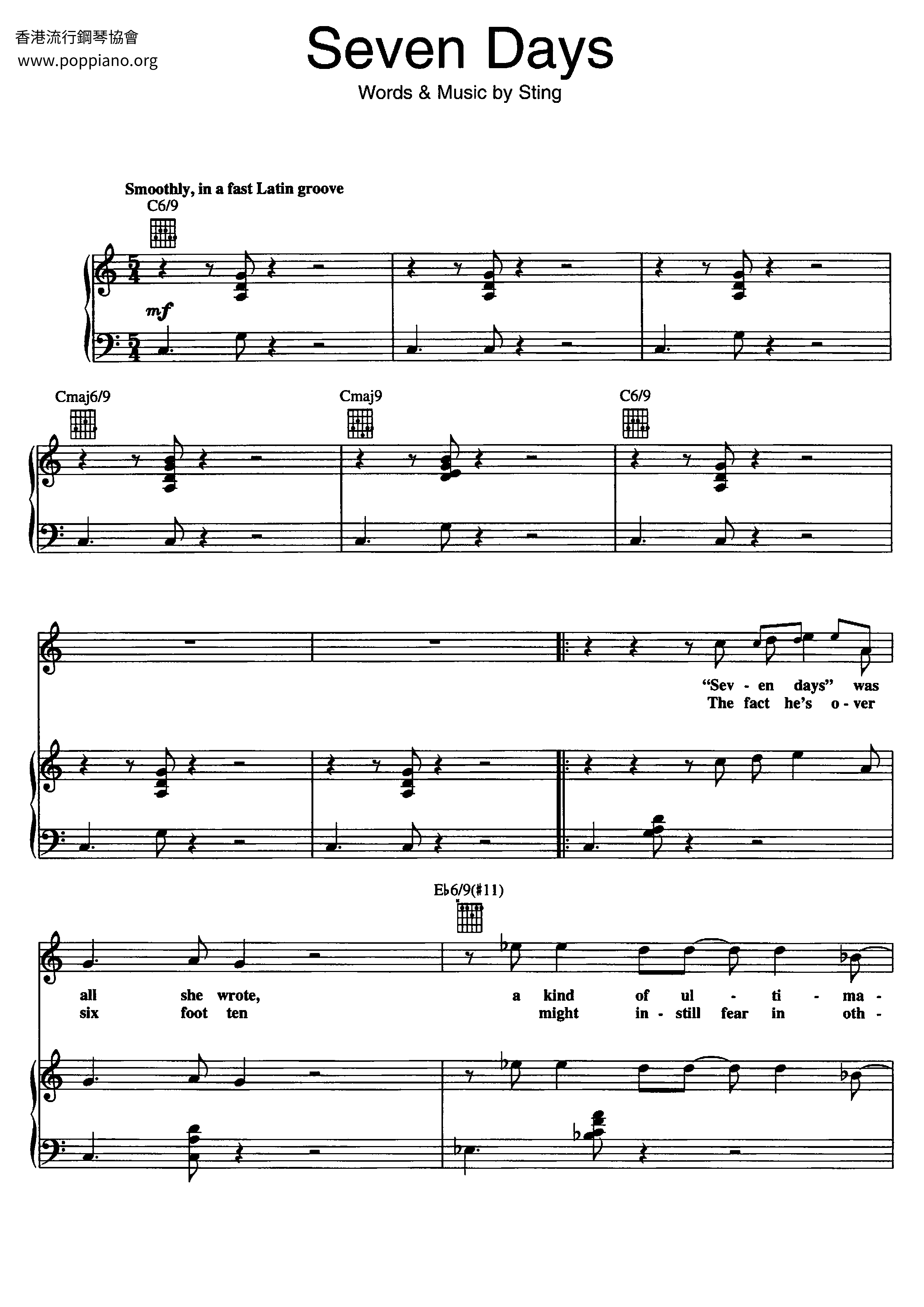 Sting-Seven Days Sheet Music pdf, - Free Score Download ★