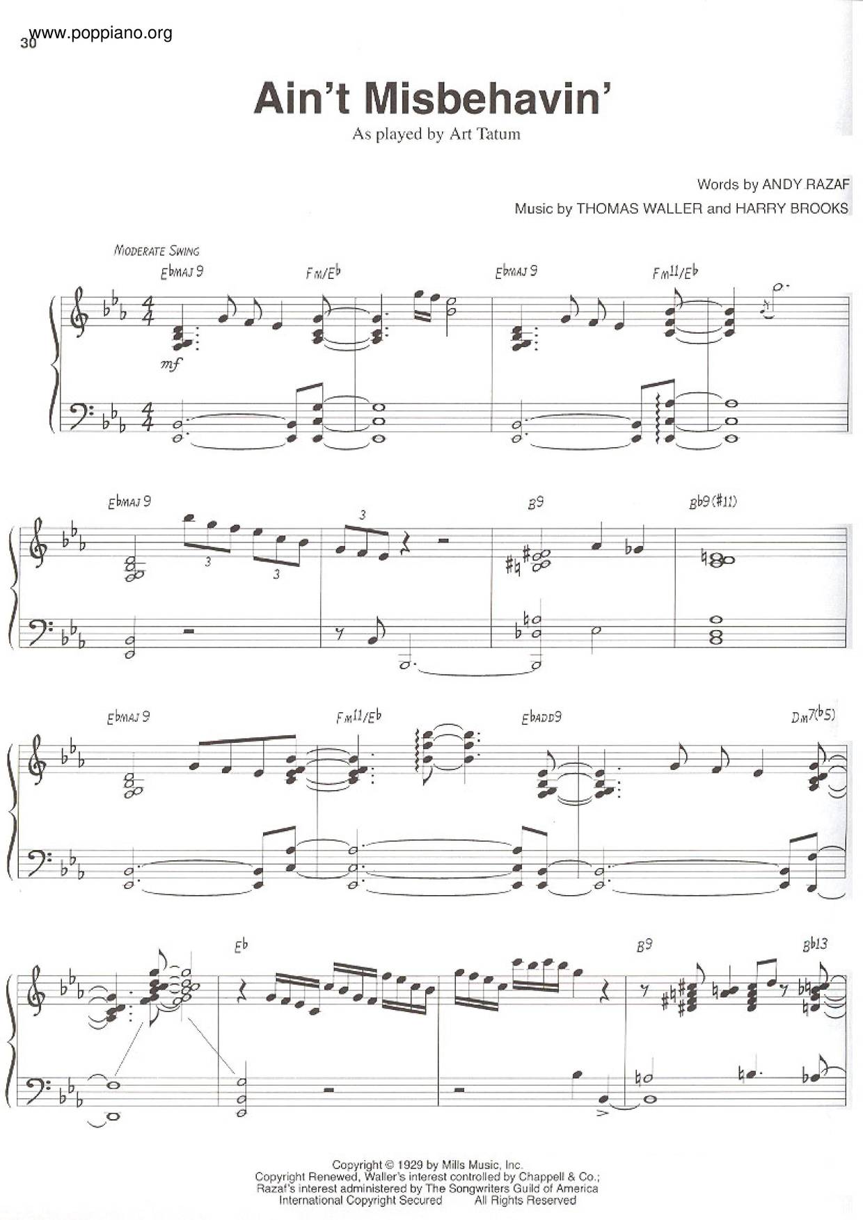 Thomas Waller, Harry Brooks-Ain't Misbehavin' 琴譜pdf-香港流行鋼琴協會琴譜下載 ★