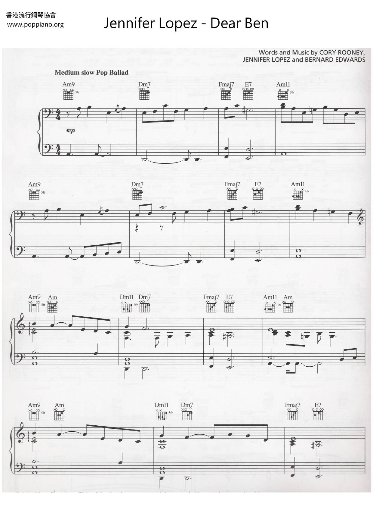 Jennifer Lopez-Dear Ben Sheet Music pdf, - Free Score Download ★