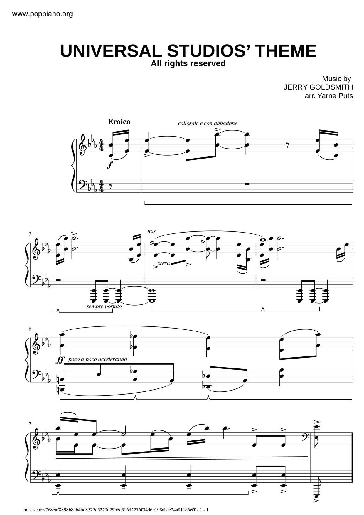 Jerry Goldsmith-Universal Studios' Theme Sheet Music pdf, - Free Score Download ★