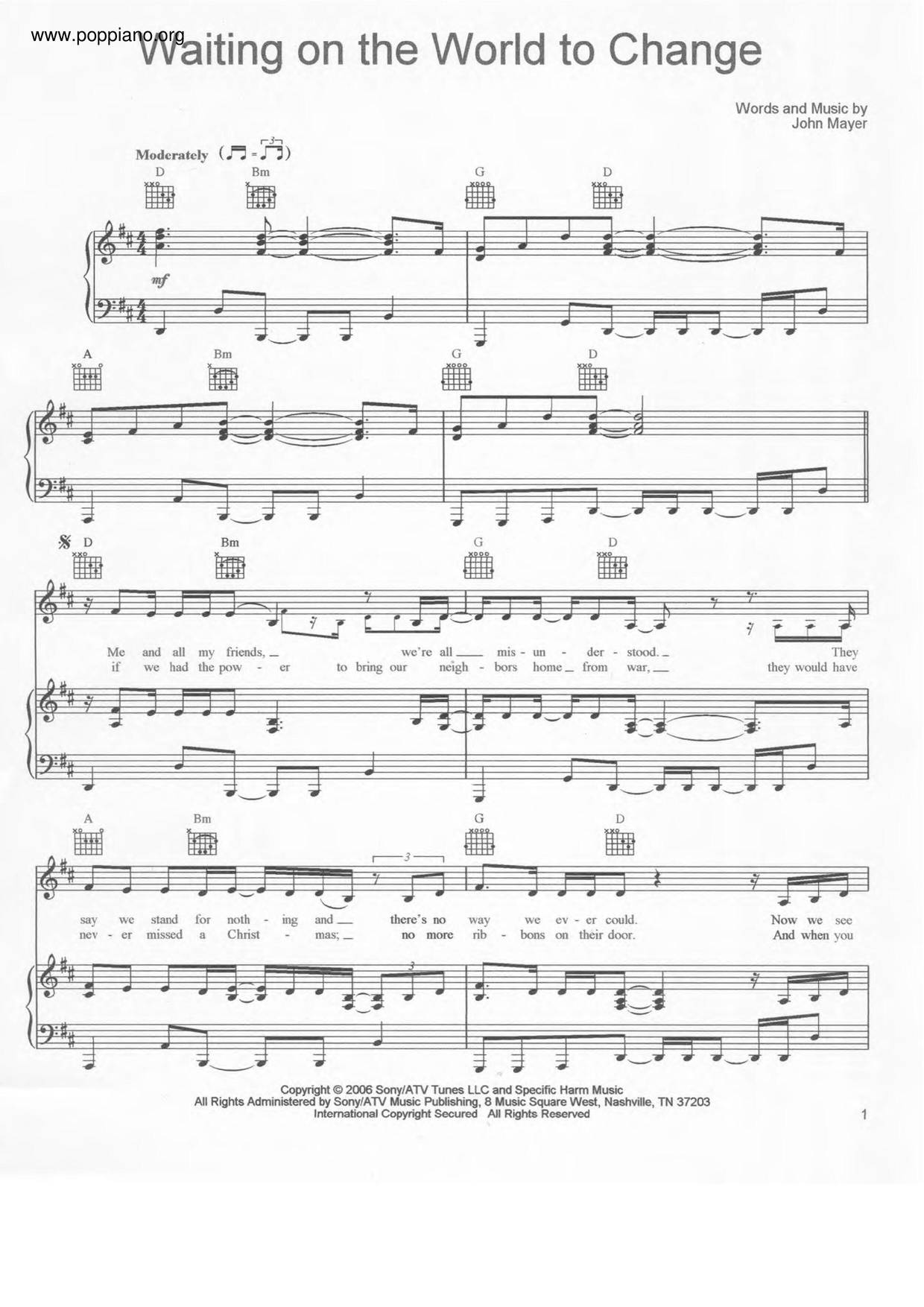 John Mayer-Waiting On The World To Change Sheet Music pdf, - Free Score ...