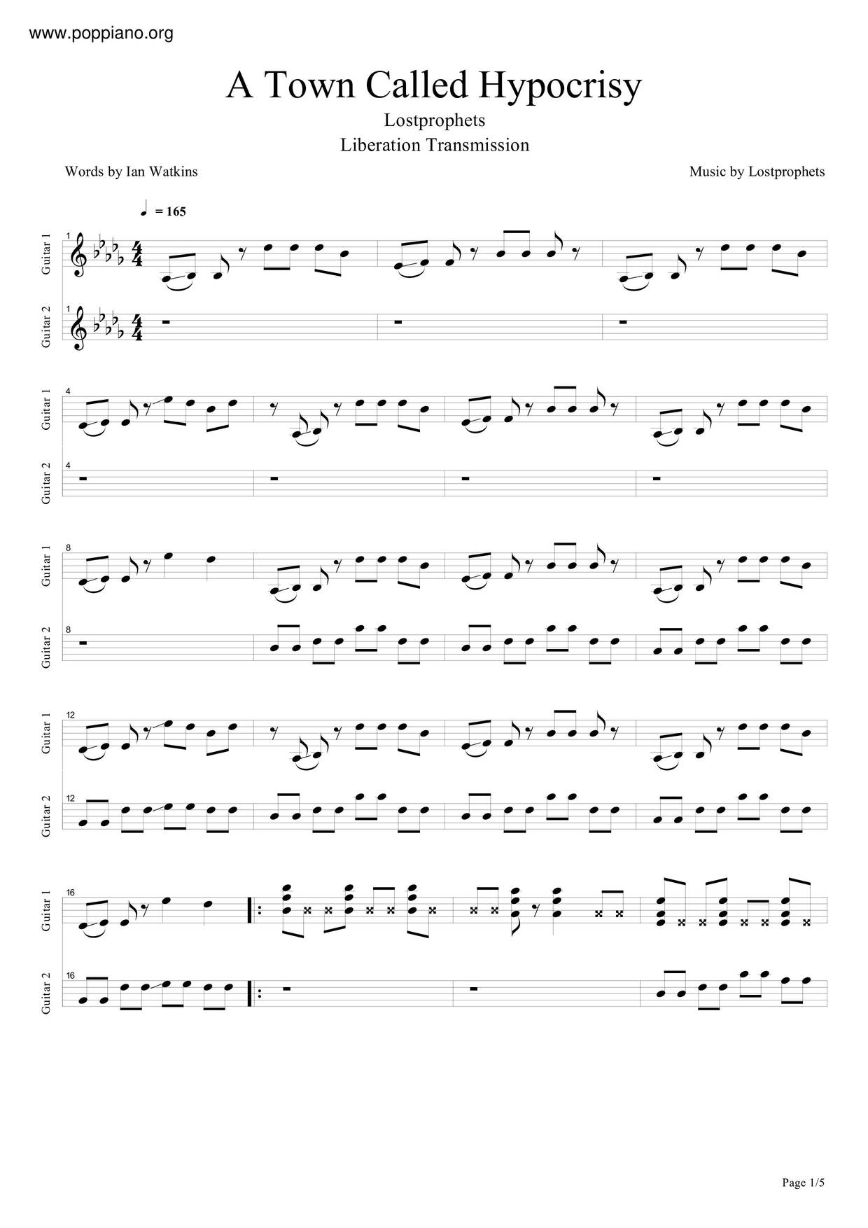 Lostprophets-A Town Called Hypocrisy Sheet Music pdf, - Free Score ...