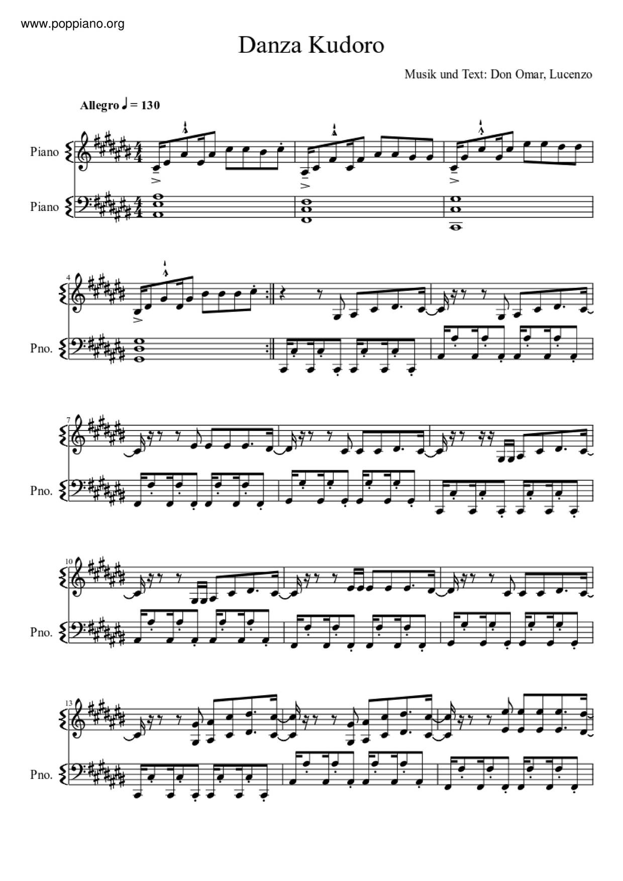 Don Omar-Danza Kuduro Sheet Music pdf, - Free Score Download ★