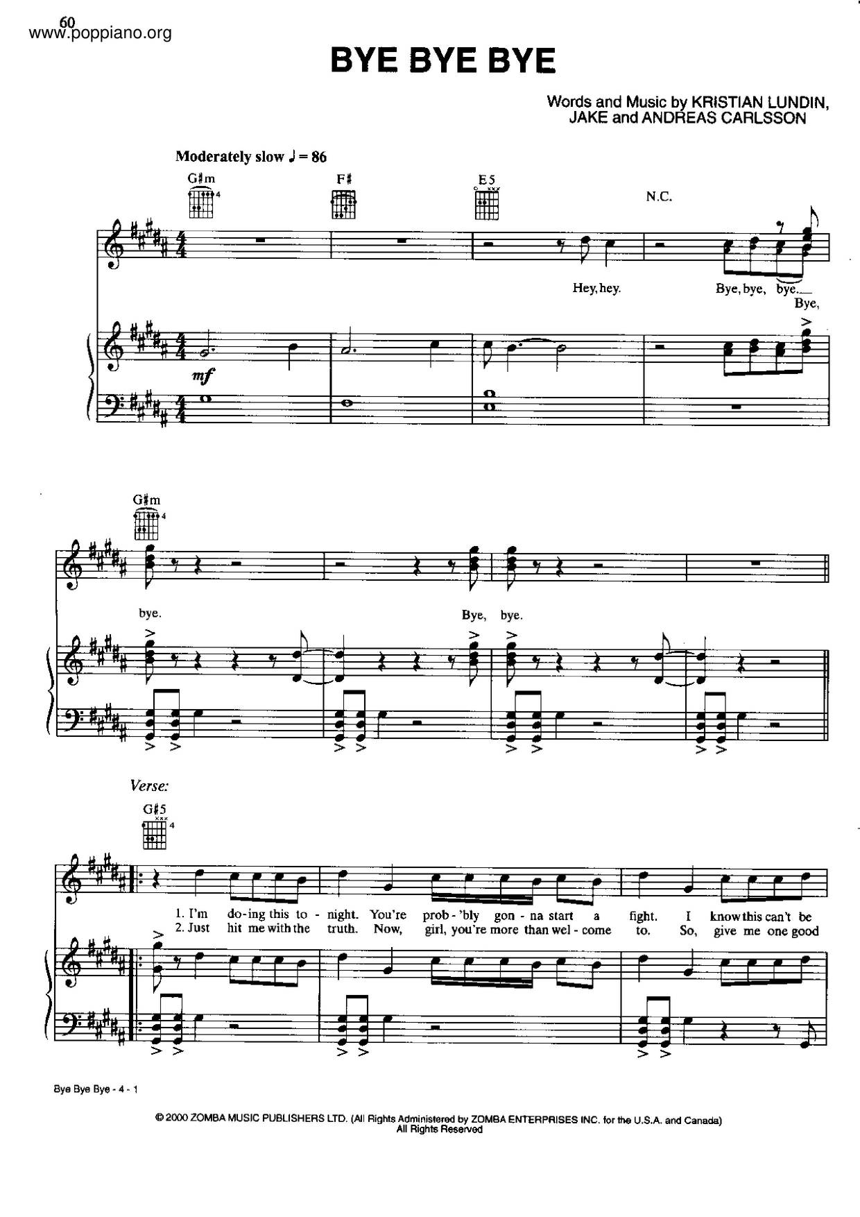N Sync-Bye Bye Bye Sheet Music pdf, - Free Score Download ★