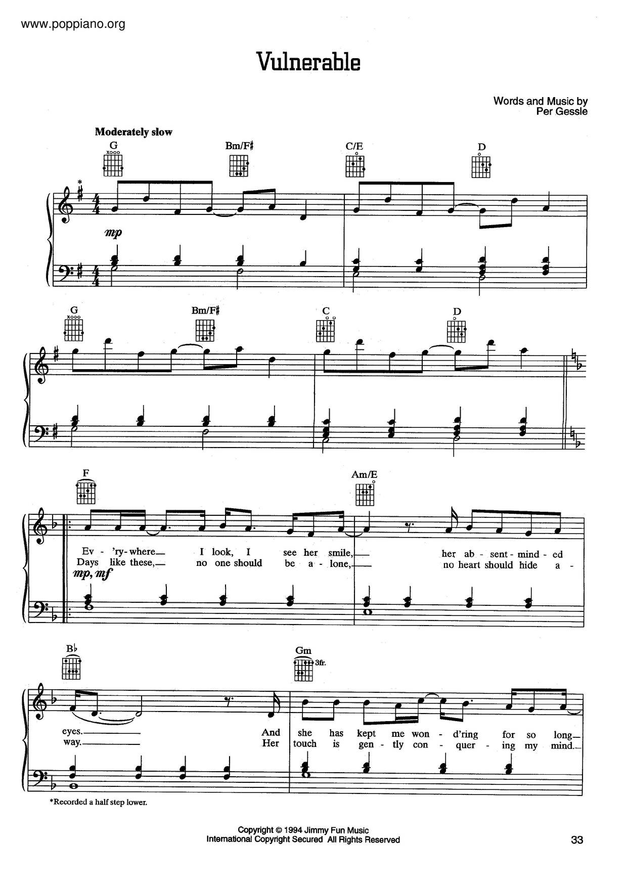 Roxette-Vulnerable Sheet Music pdf, - Free Score Download ★
