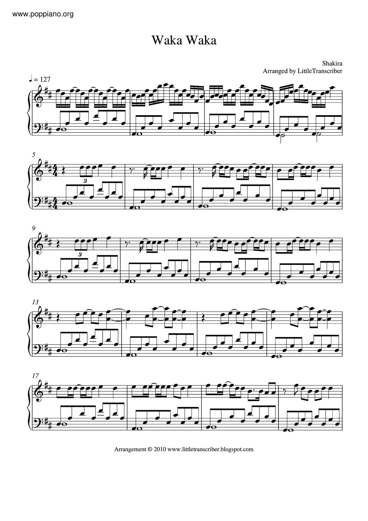 Shakira-Waka Waka Sheet Music pdf, - Free Score Download ★