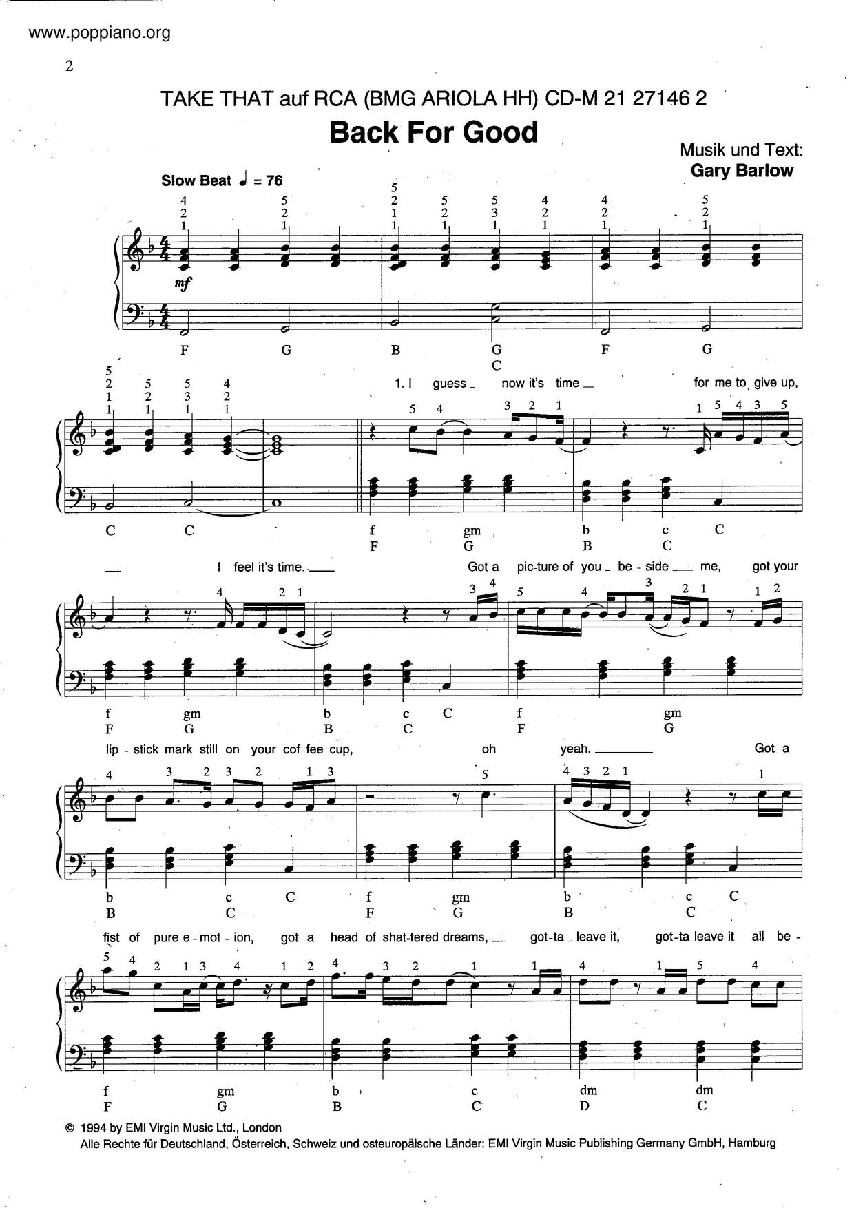 Take That-Back For Good Sheet Music pdf, - Free Score Download ★