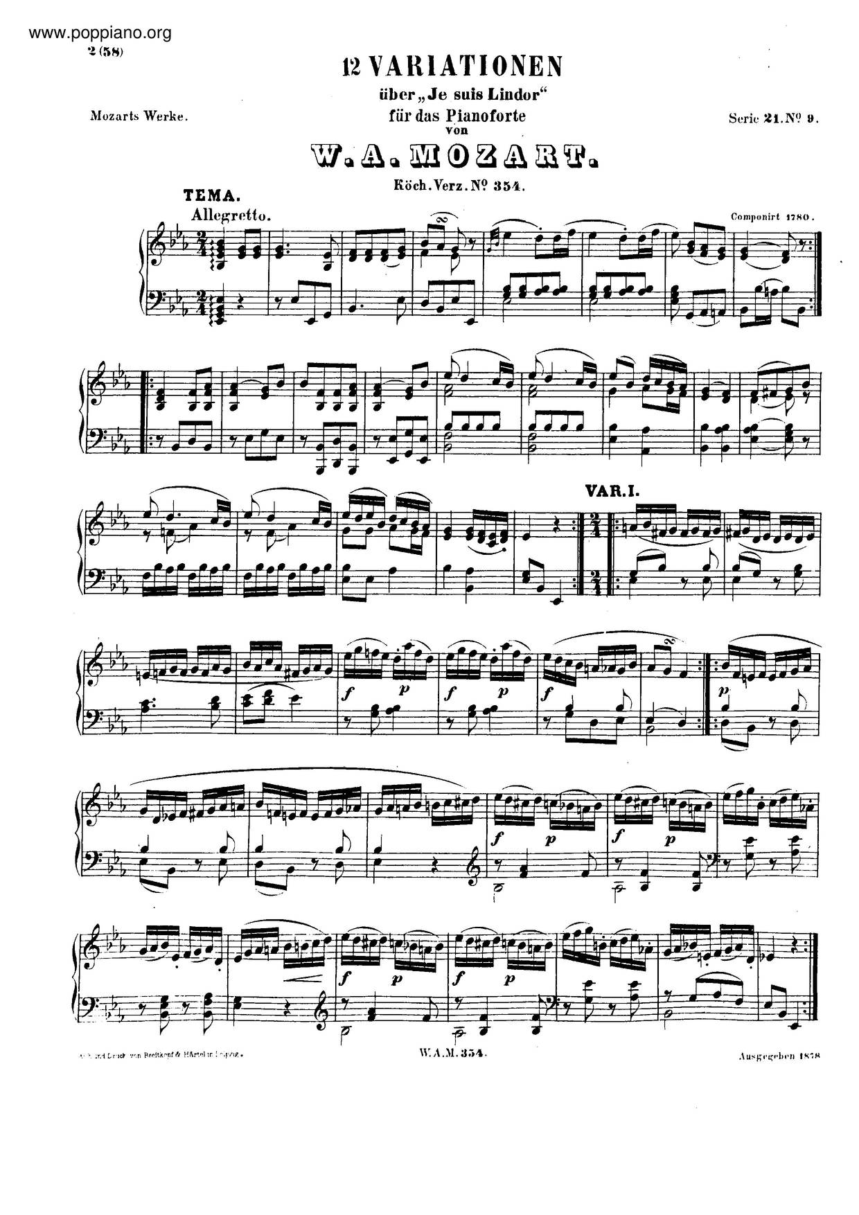 Mozart-12 Variations On "Je Suis Lindor", K. 354/299A Sheet Music pdf, - Free Score Download ★