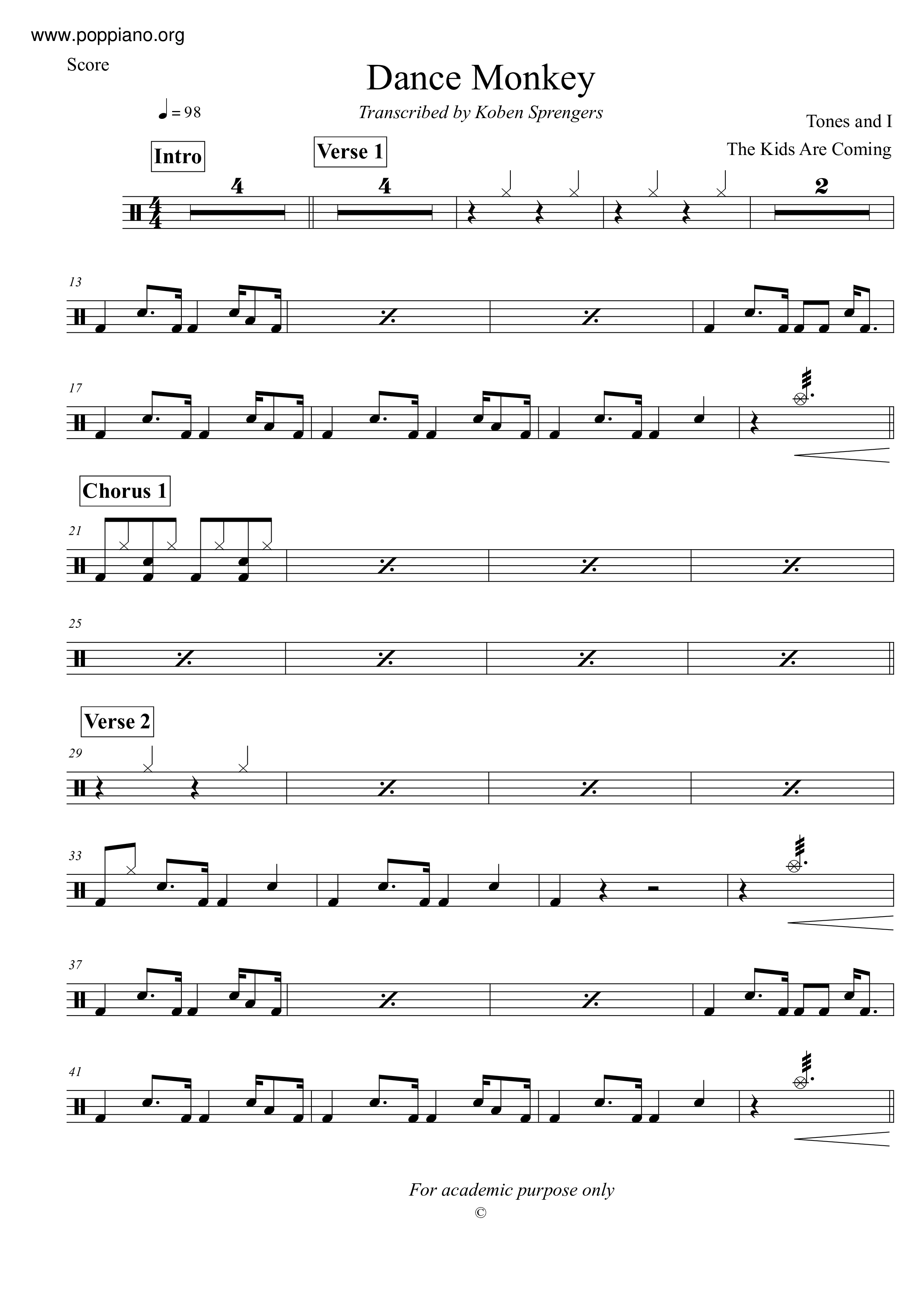 Tones And I-Dance Monkey Drum Tab pdf, - Free Score Download ★