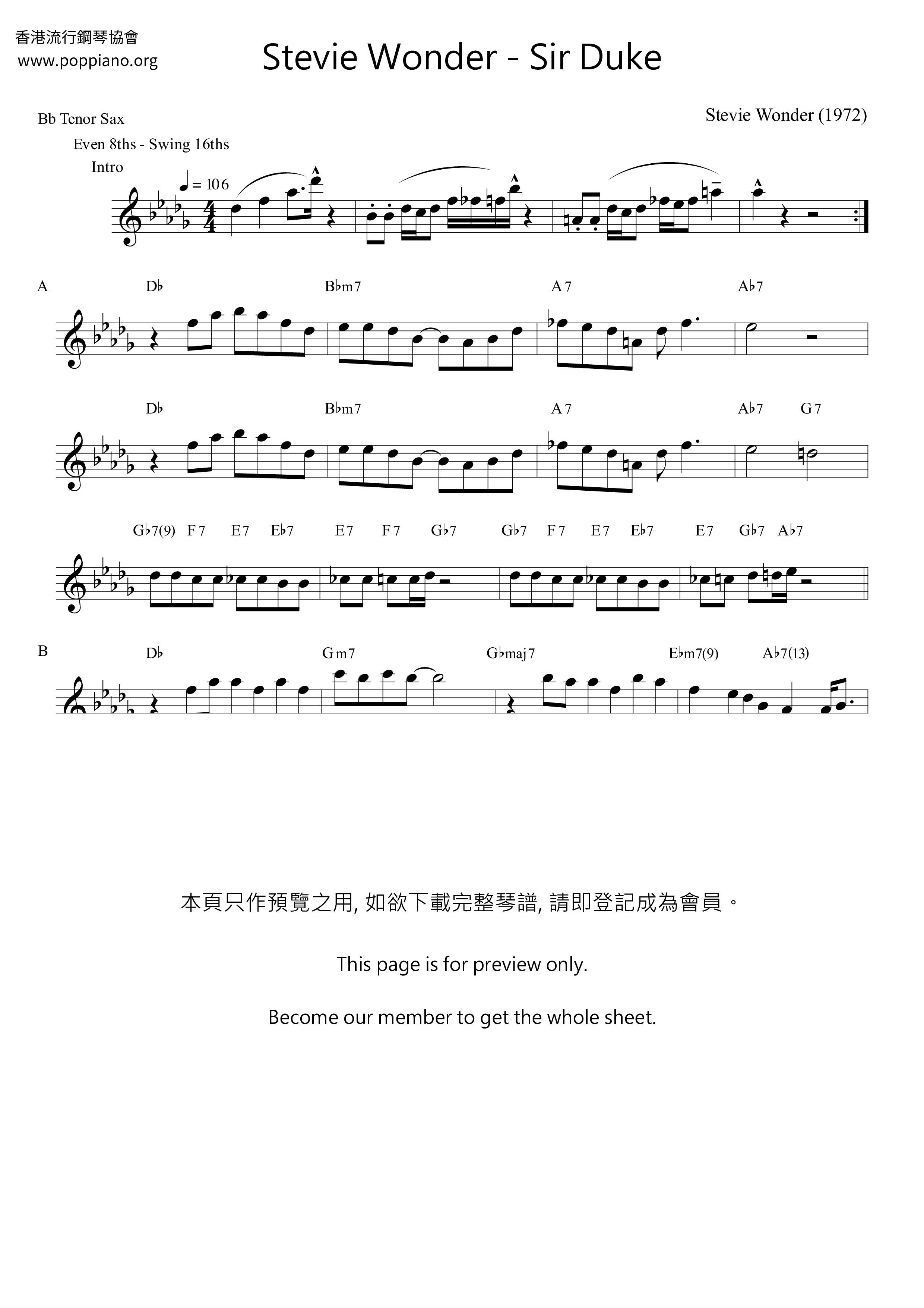 Stevie Wonder-Sir Duke Sax Score pdf, - Free Score Download ★