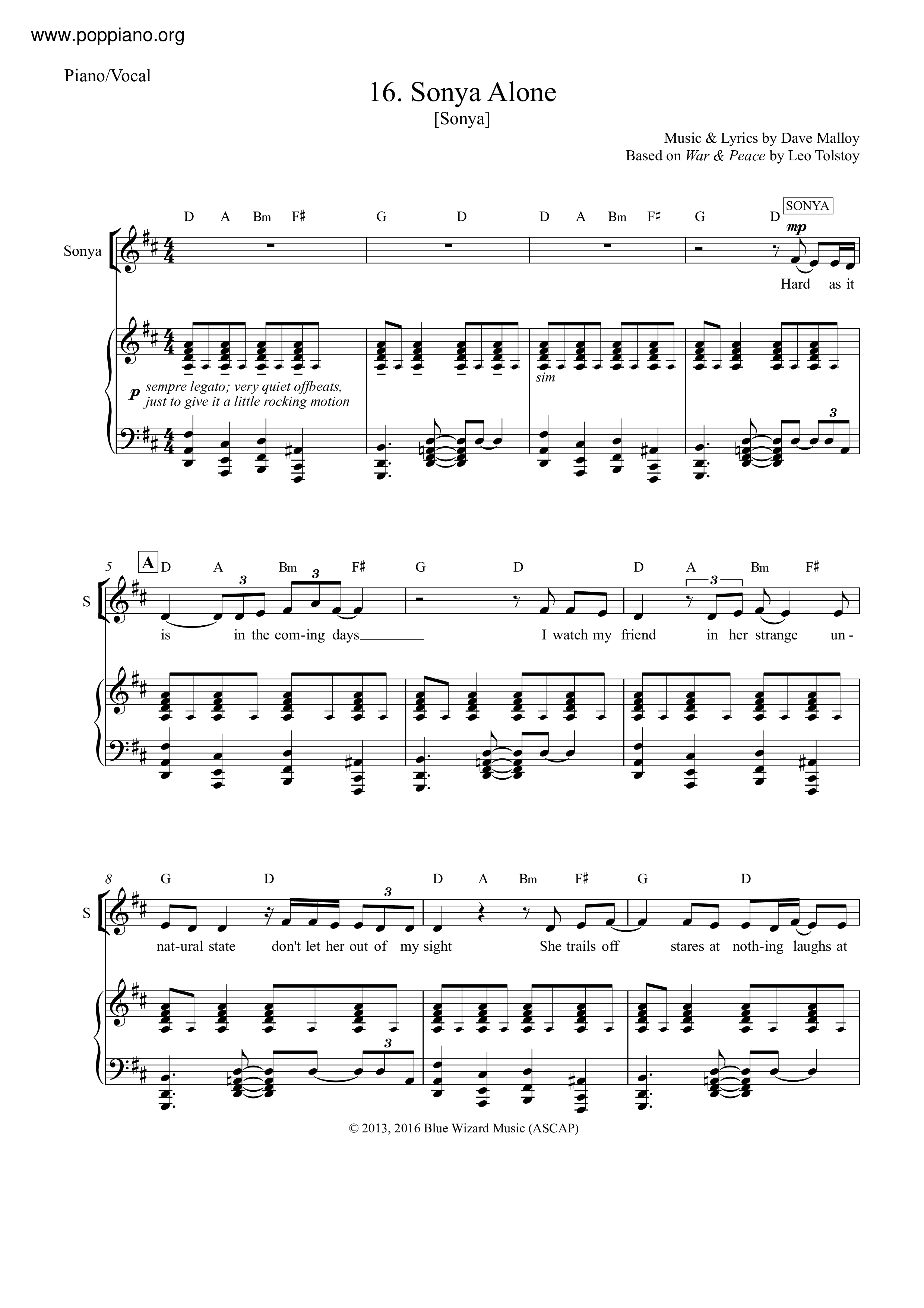 Dave Malloy-Sonya Alone Sheet Music pdf, - Free Score Download ★