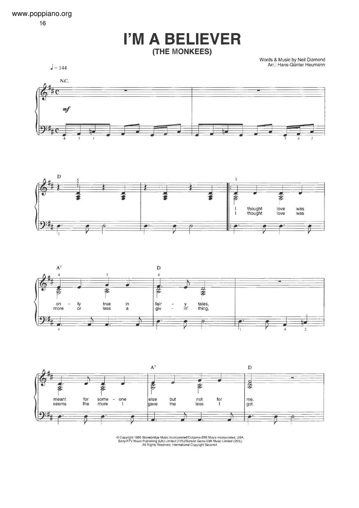 The Monkees-I'm A Believer Sheet Music pdf, - Free Score Download ★