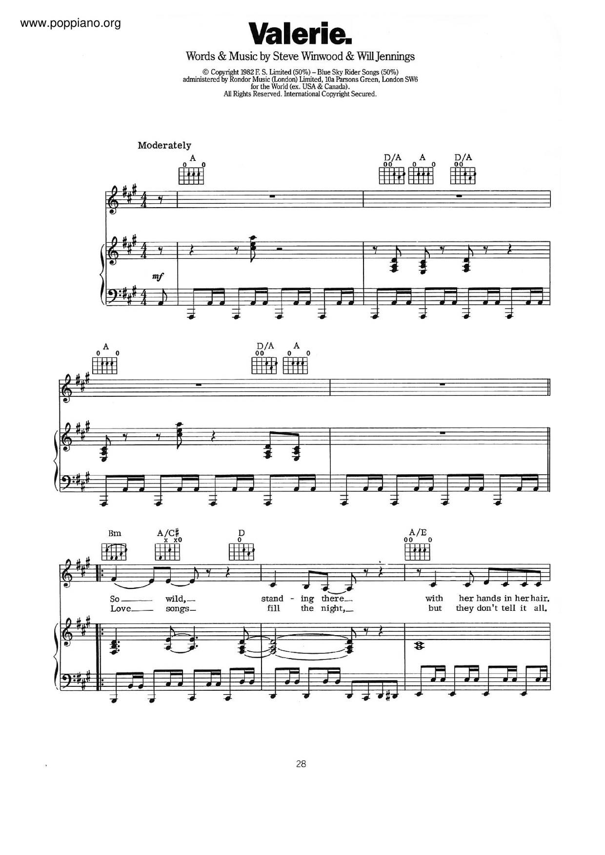 Steve Winwood-Valerie Sheet Music pdf, - Free Score Download ★