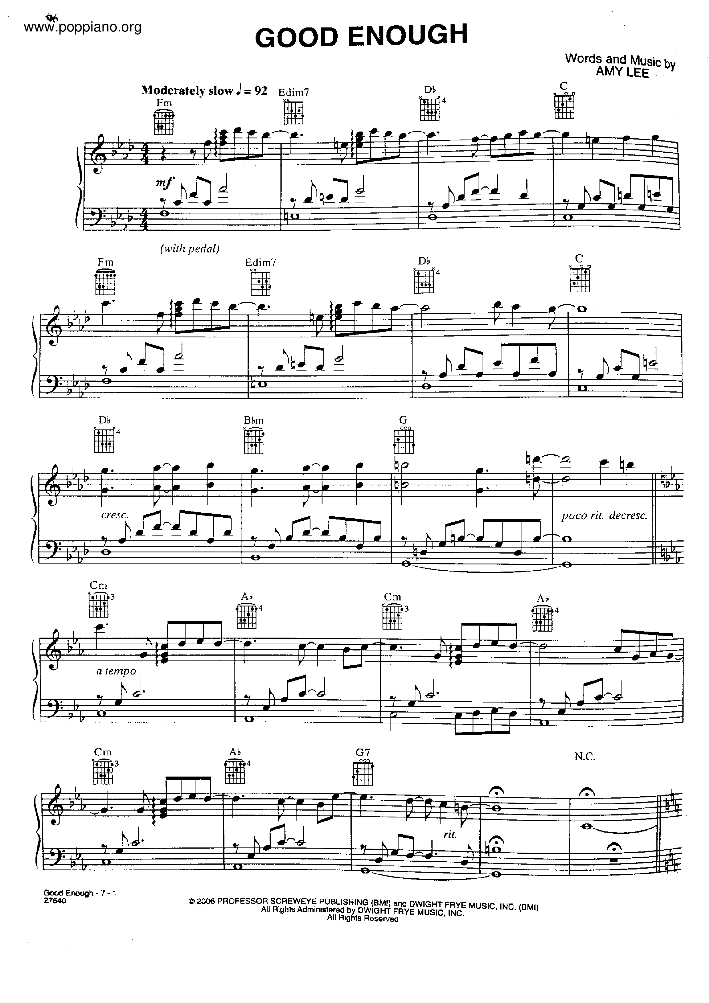 Evanescence-Good Enough Sheet Music pdf, - Free Score Download ★