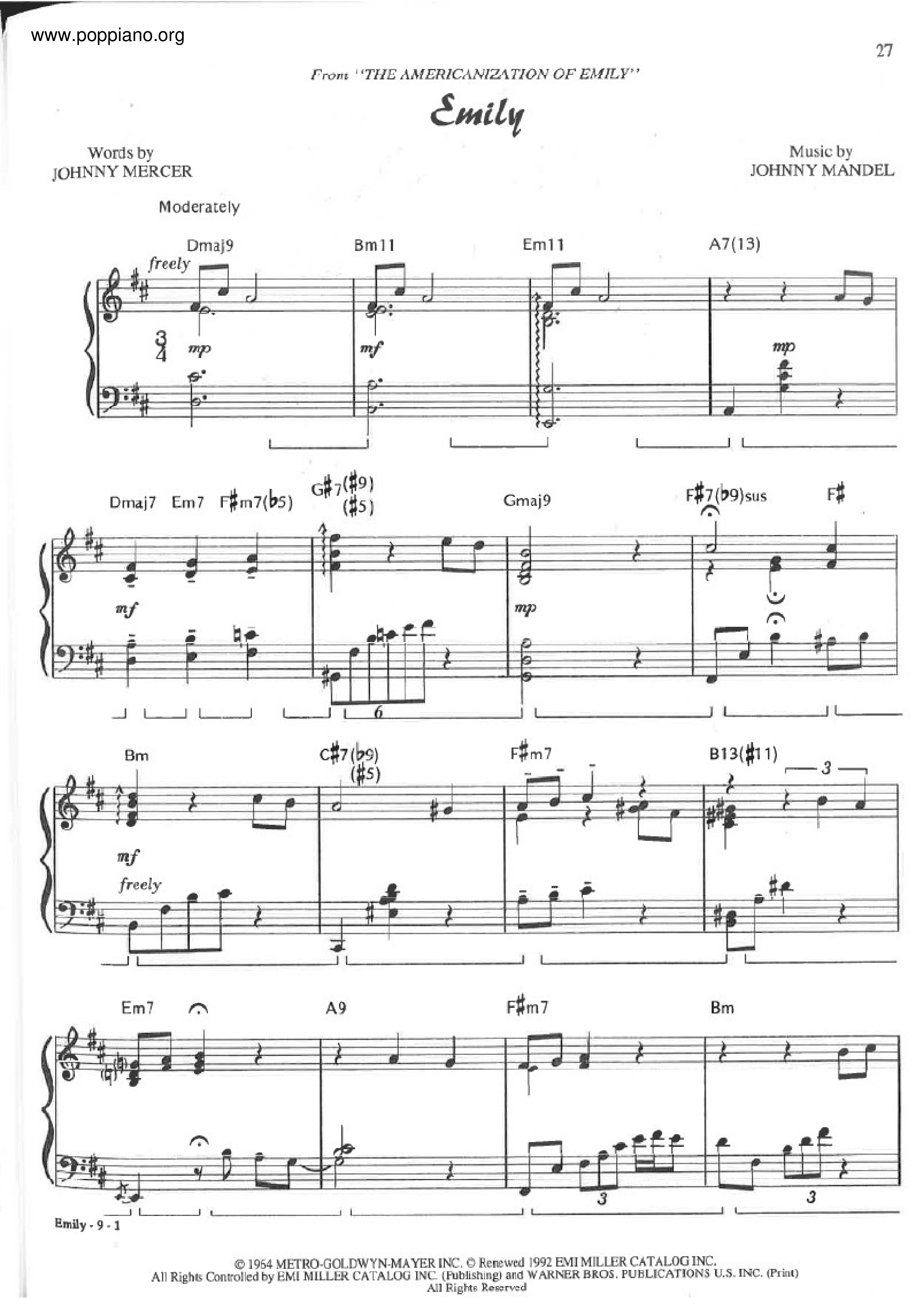 ★Johnny Mandel, Bill Evans - Emily ピアノ譜pdf- 香港ポップピアノ協会 無料PDF楽譜ダウンロード ...