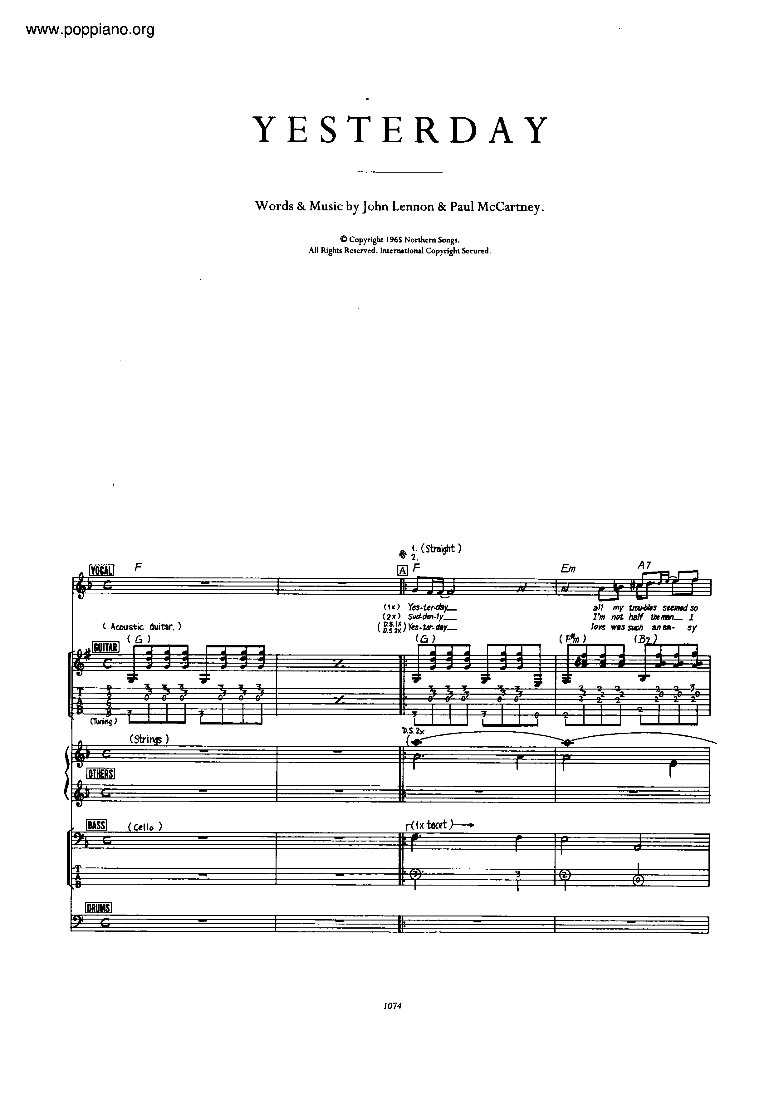 The Beatles-Yesterday Drum Tab pdf, - Free Score Download ★