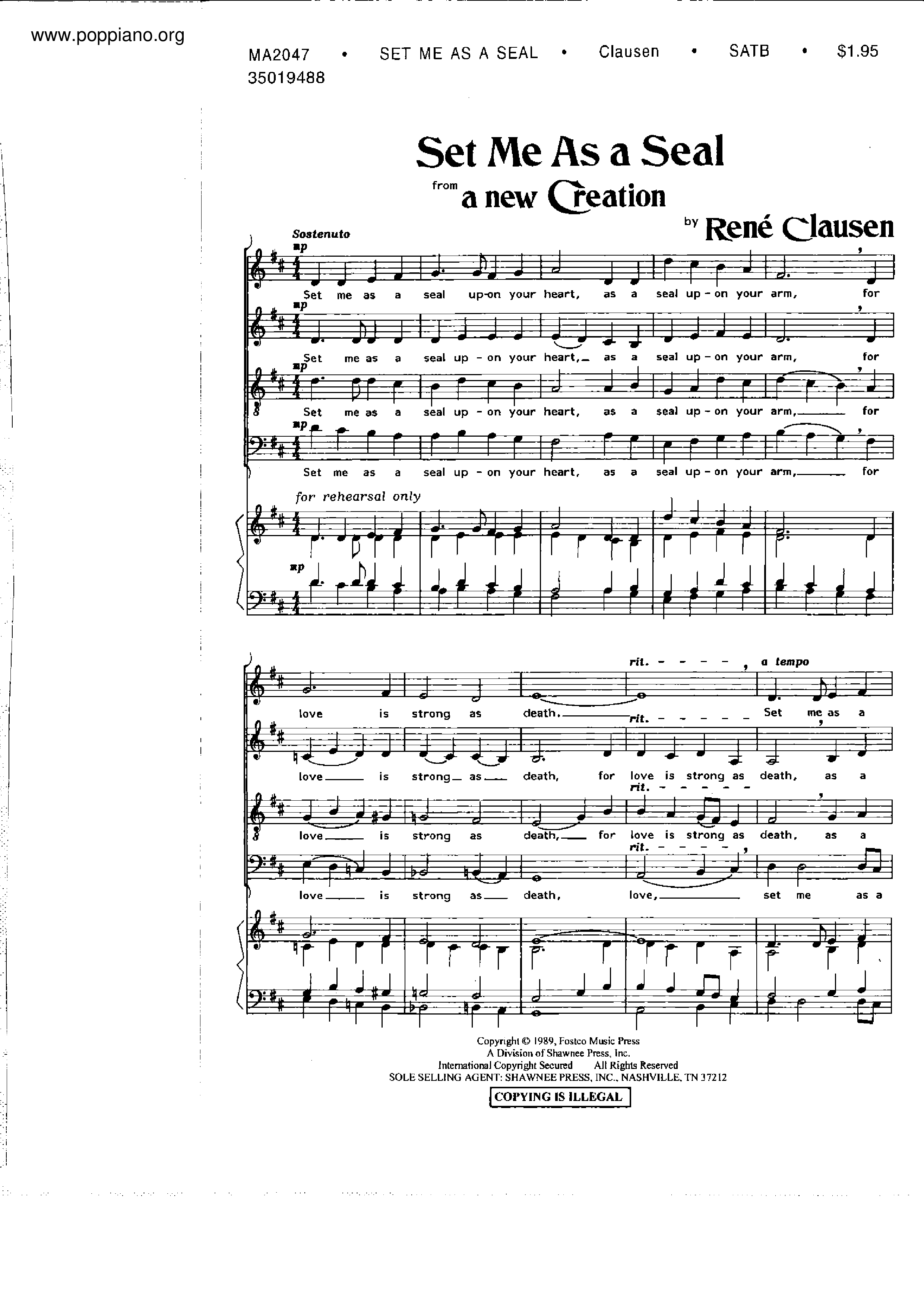 Rene Clausen-Set Me As A Seal Sheet Music pdf, - Free Score Download ★
