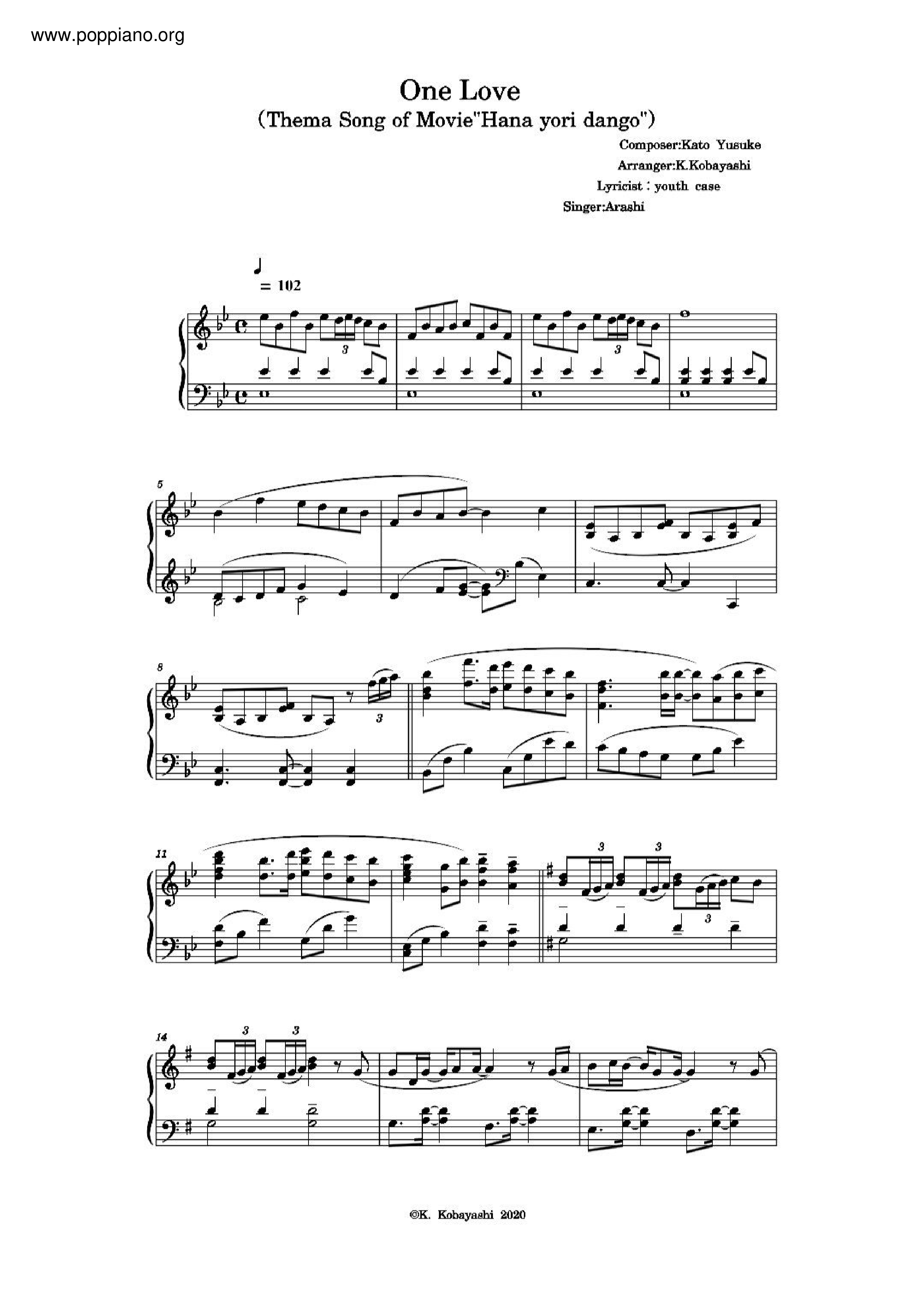 Arashi-One Love Sheet Music pdf, - Free Score Download ★