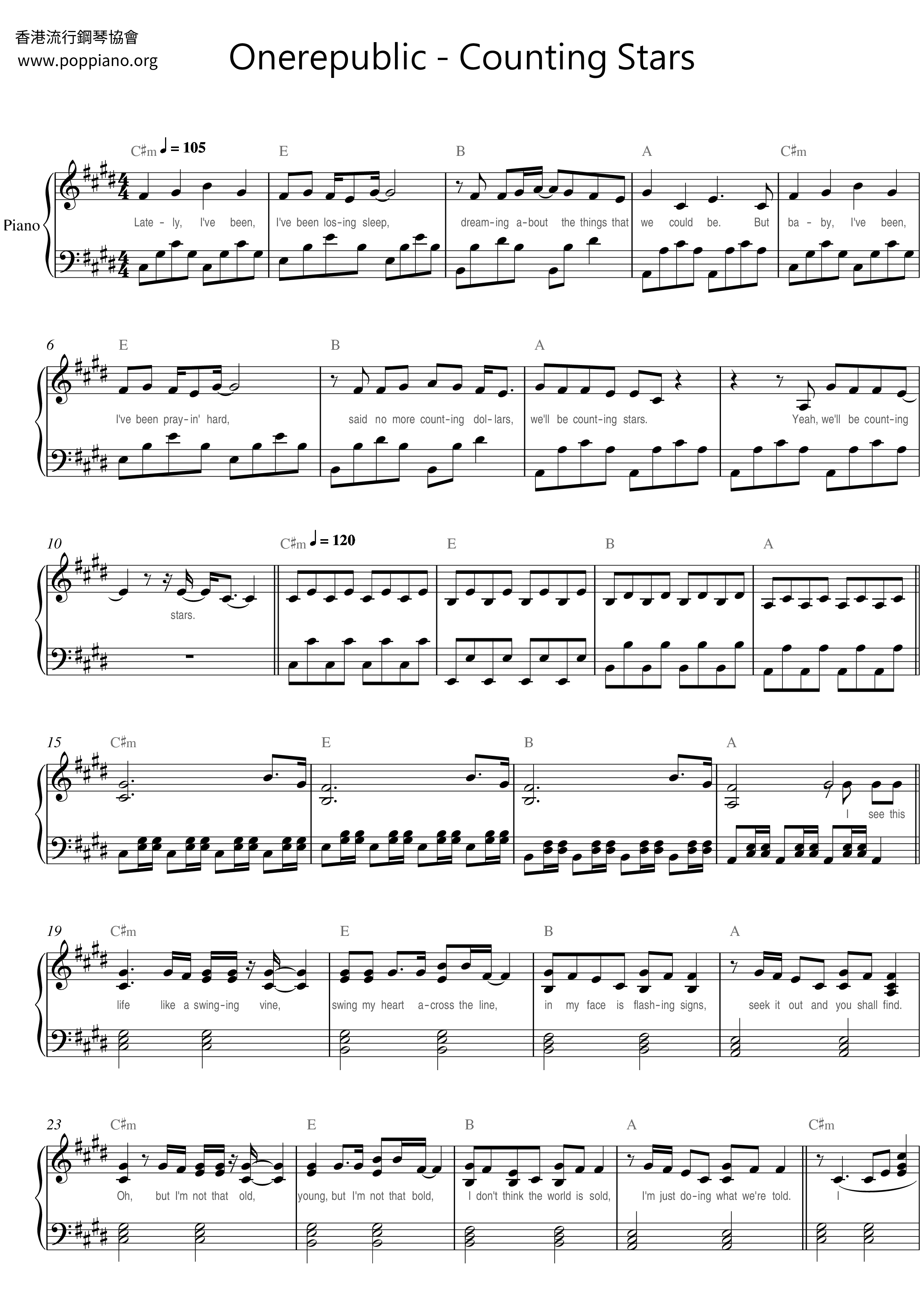Onerepublic-Counting Stars Sheet Music pdf, - Free Score Download ★