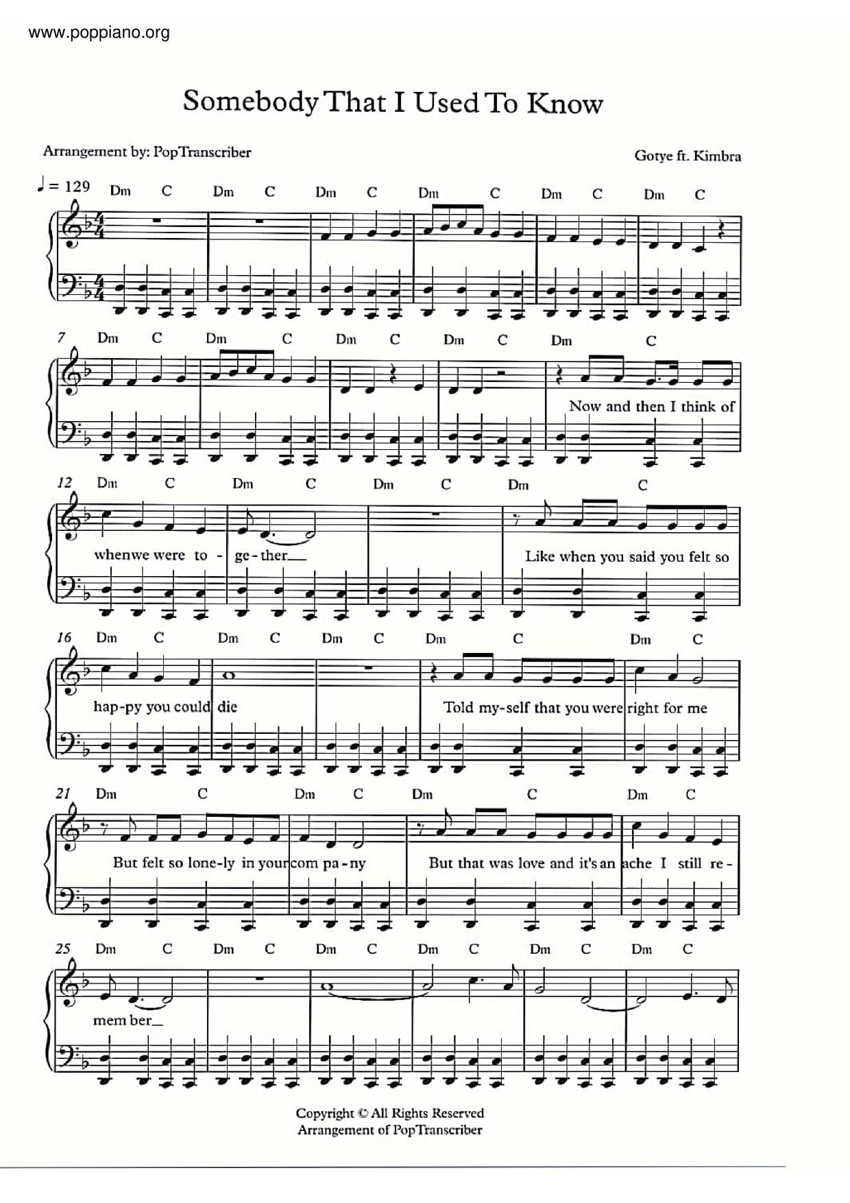 Gotye, Kimbra-Somebody That I Used To Know Sheet Music pdf, - Free ...