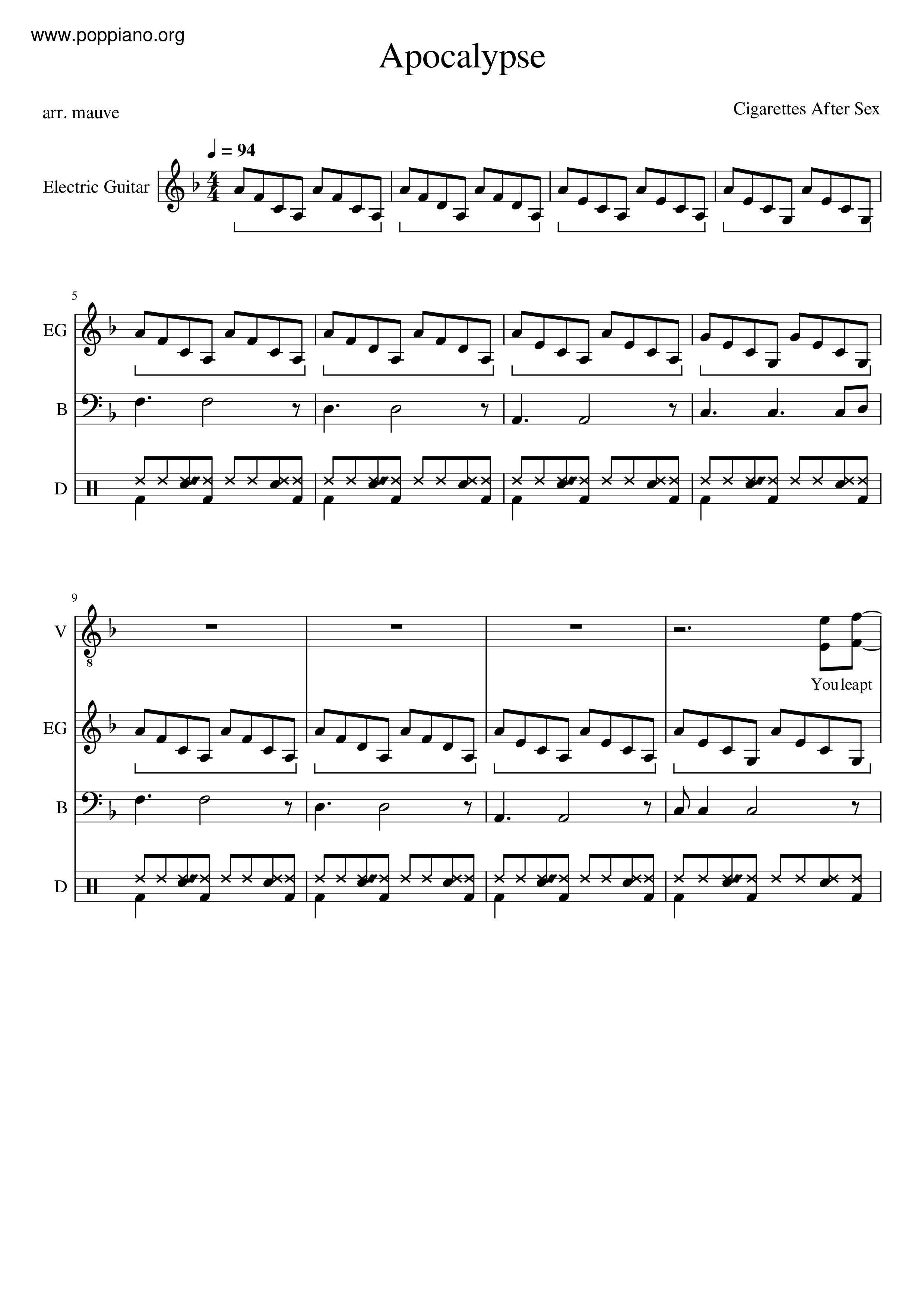 Cigarettes After Sex-Apocalypse Sheet Music pdf, - Free Score Download ★
