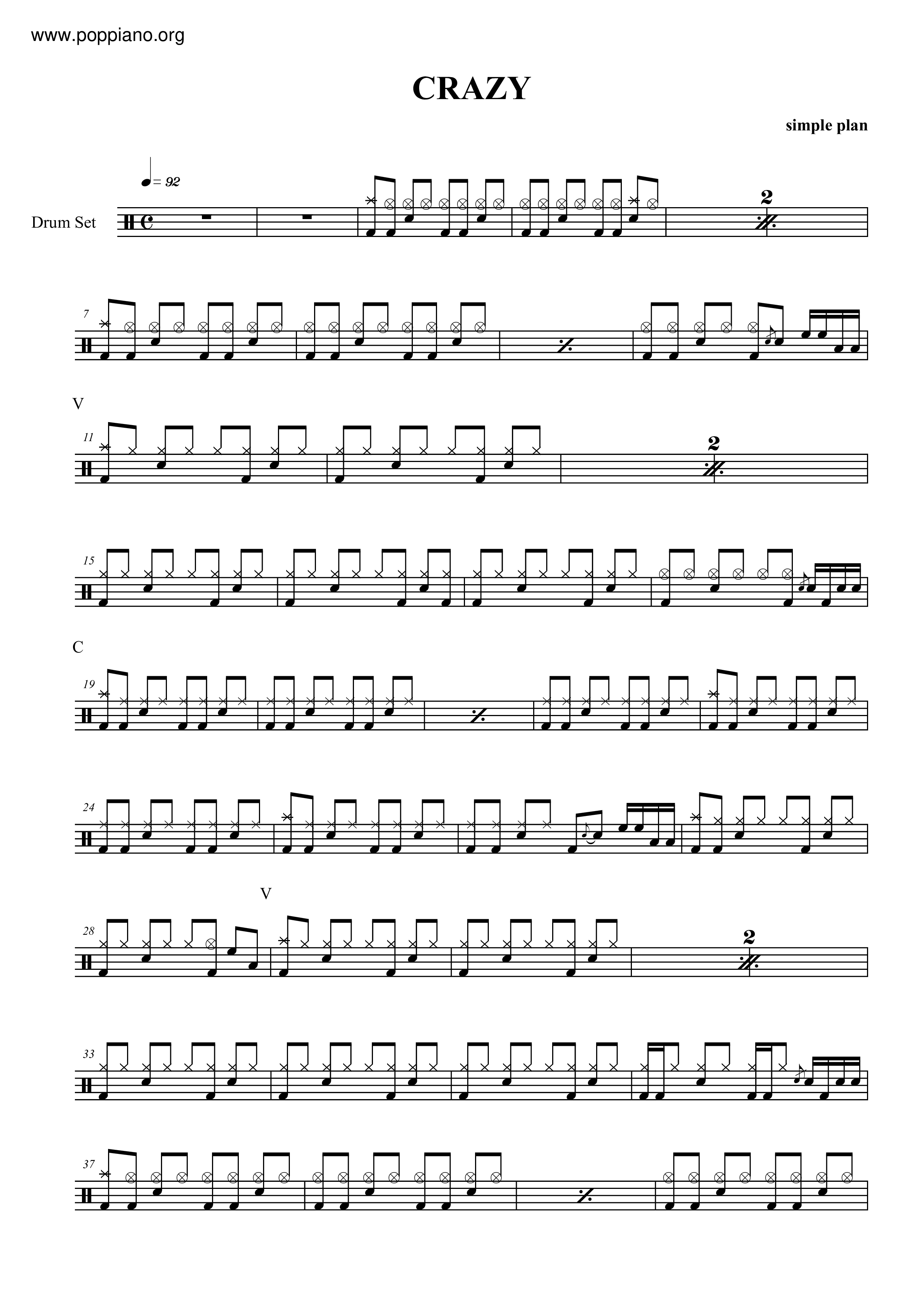 Simple Plan-Crazy Drum Tab pdf, - Free Score Download ★