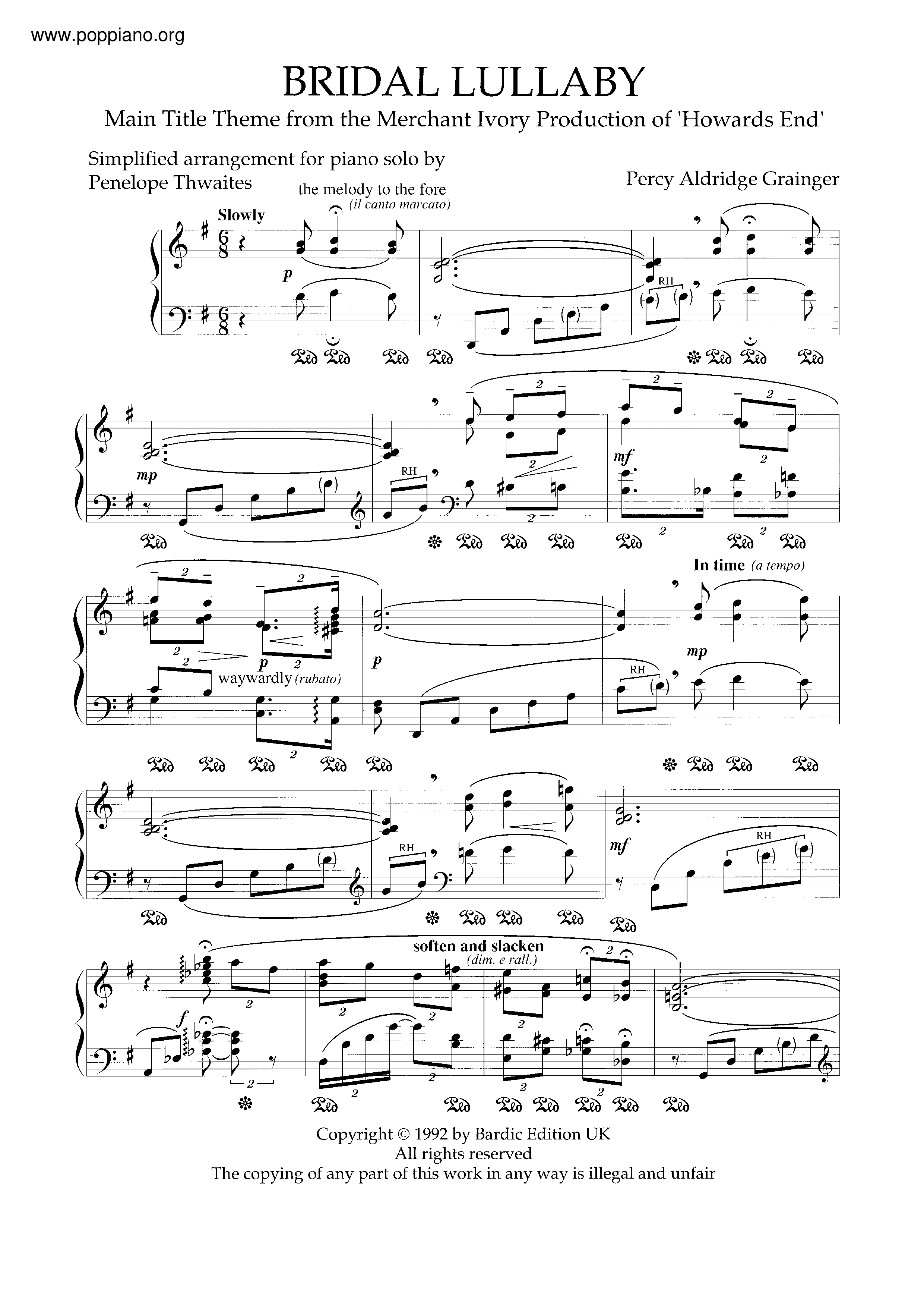 Percy Grainger-Bridal Lullaby Sheet Music pdf, - Free Score Download ★