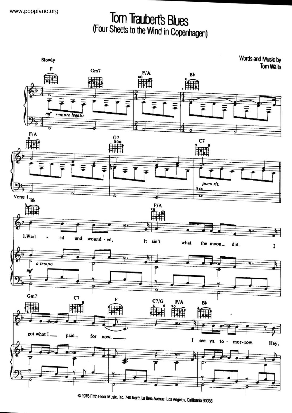 Tom Waits-Tom Traubert's Blues Sheet Music pdf, - Free Score Download ★