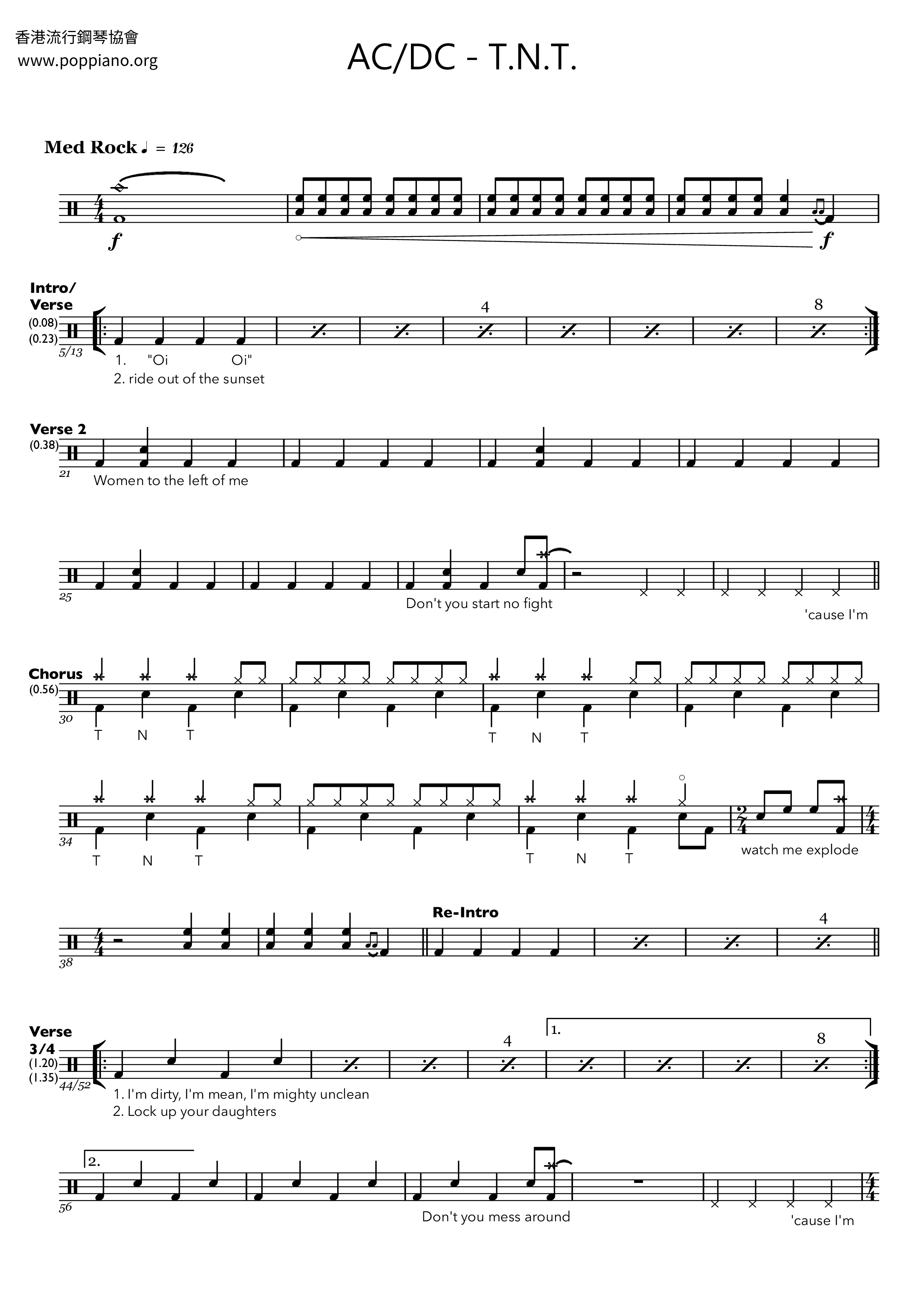 AC/DC-TNT Drum Tab pdf, - Free Score Download ★