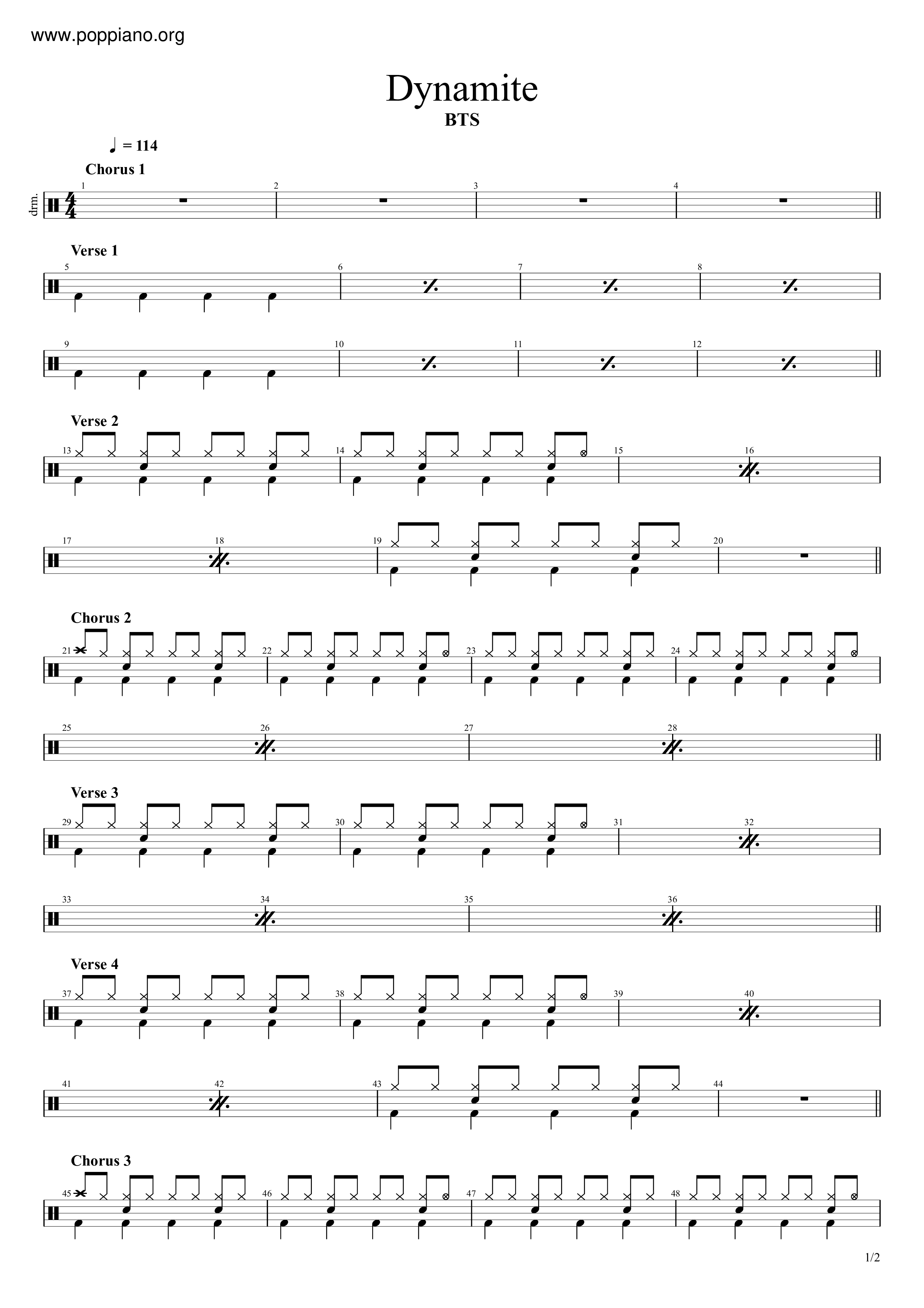 BTS-Dynamite Drum Tab pdf, (ビーティーエス) - Free Score Download ★