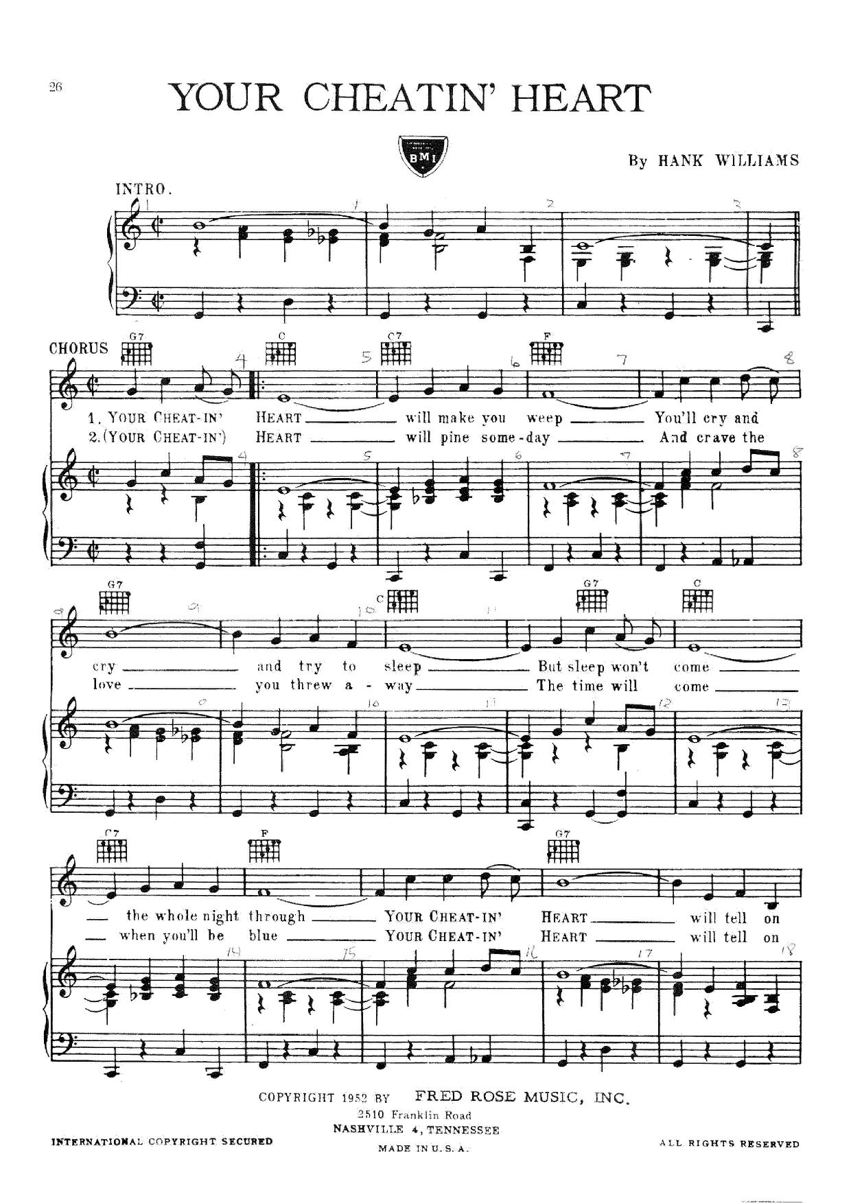 Hank WIlliams-Your Cheatin' Heart Sheet Music pdf, - Free Score Download ★