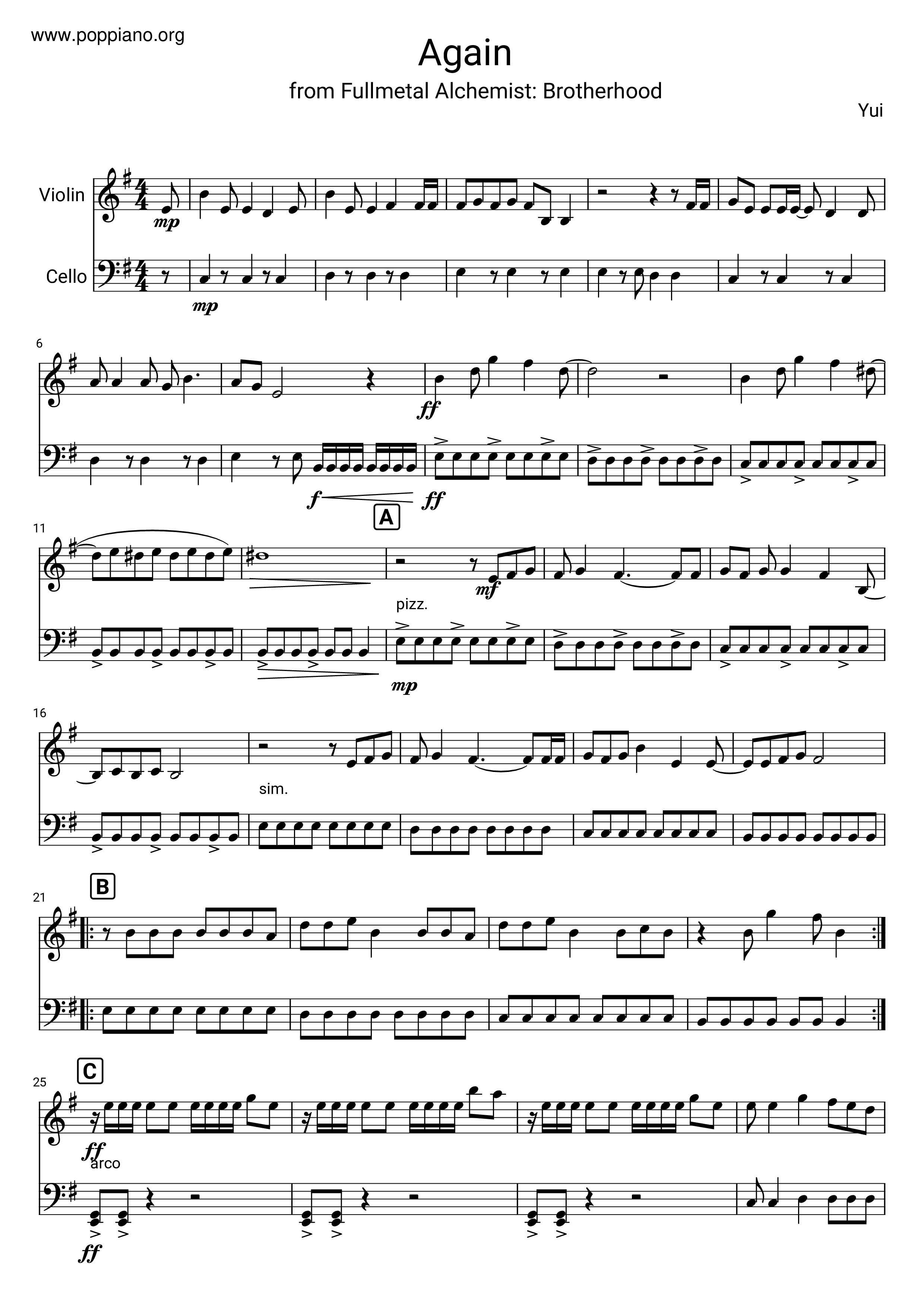 YUI-Again Violin Score pdf, (YUI) - Free Score Download ★