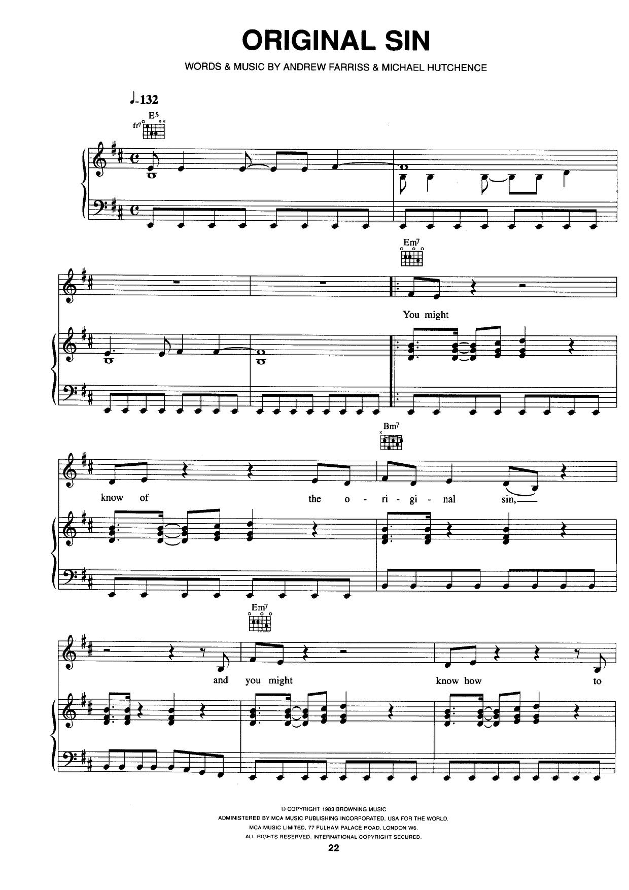 INXS-Original Sin Sheet Music pdf, - Free Score Download ★