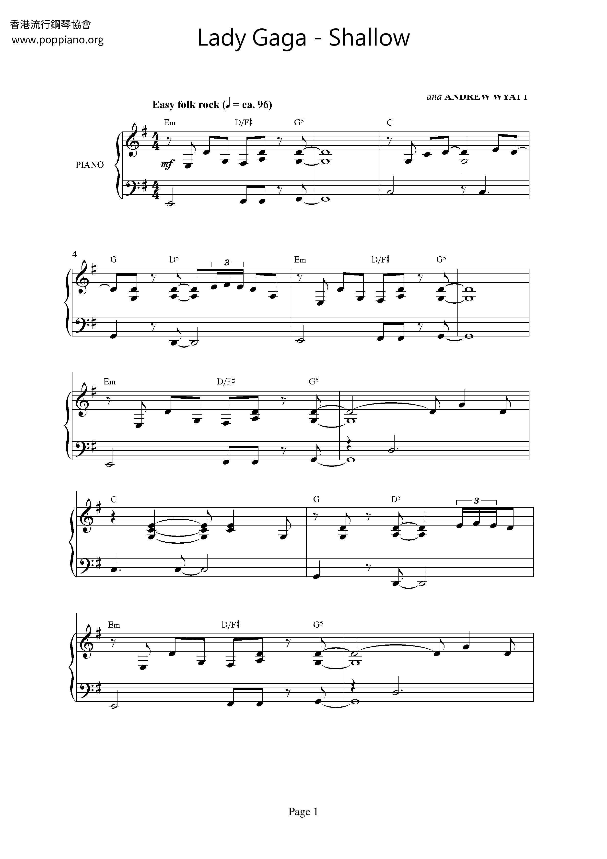 Lady Gaga-Shallow Sheet Music pdf, (レディー・ガガ) - Free Score Download ★